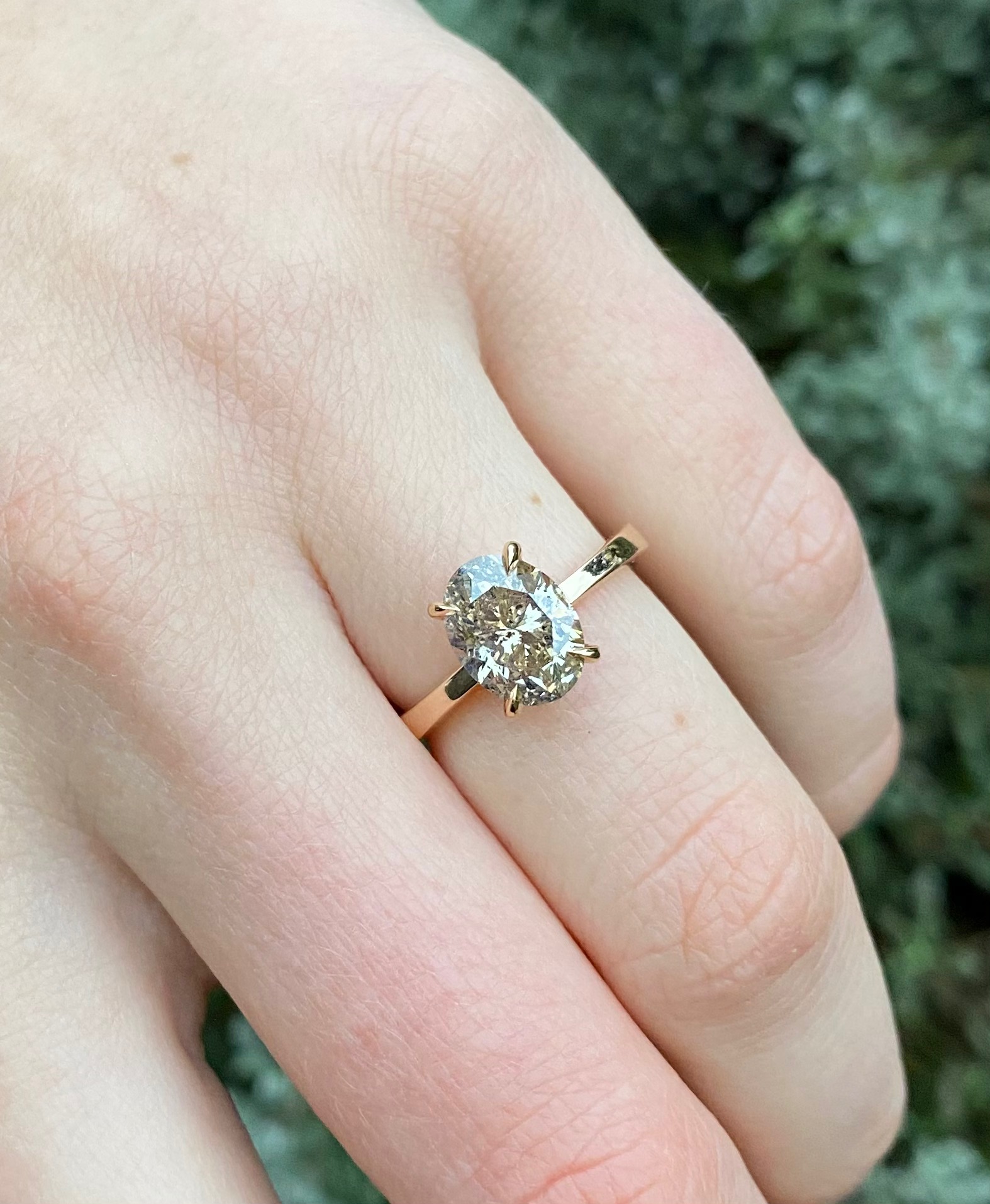 18ct Rose Gold And 2 Carat Oval Champagne Diamond Solitaire Baroque