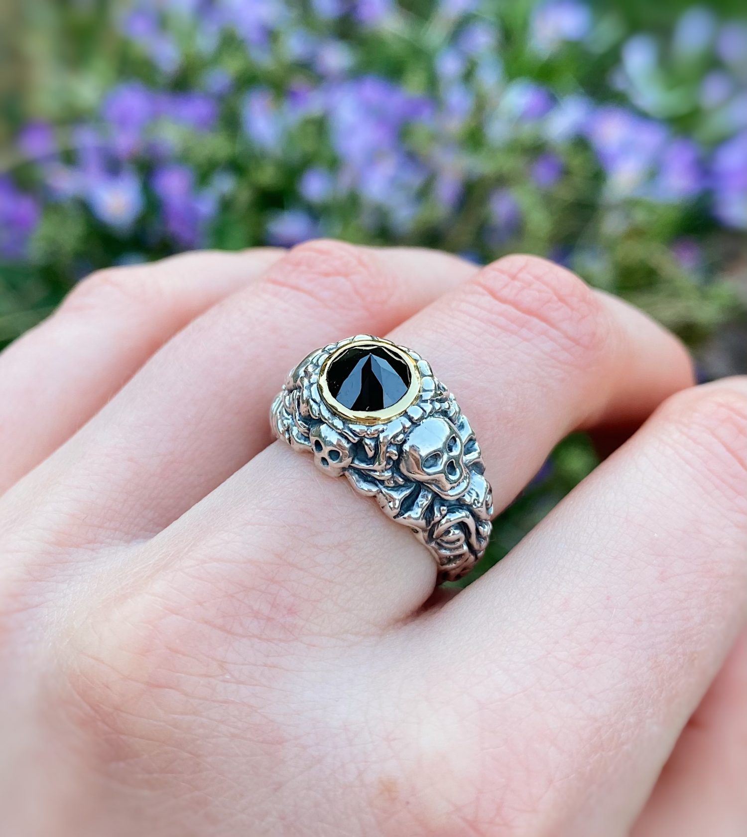 Silver Pirate Ring with Pointed Black Sapphire and 9ct Yellow Gold ...