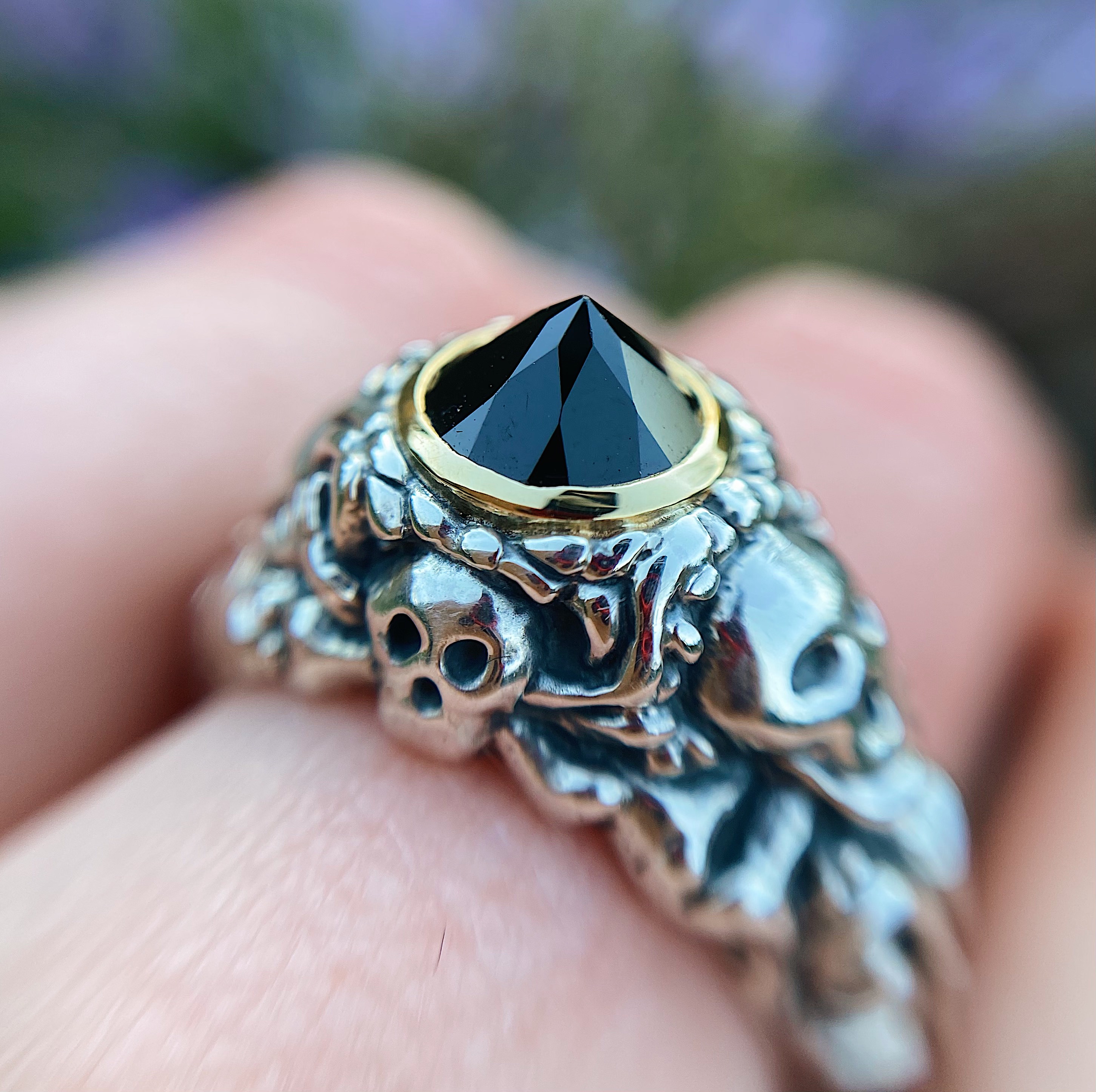 Silver Pirate Ring with Pointed Black Sapphire and 9ct Yellow Gold ...