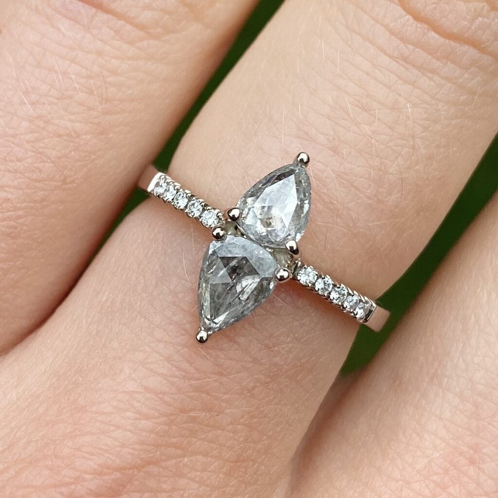 18ct White Gold Double Pear Rose-cut Diamond Ring - Baroque Jewellery