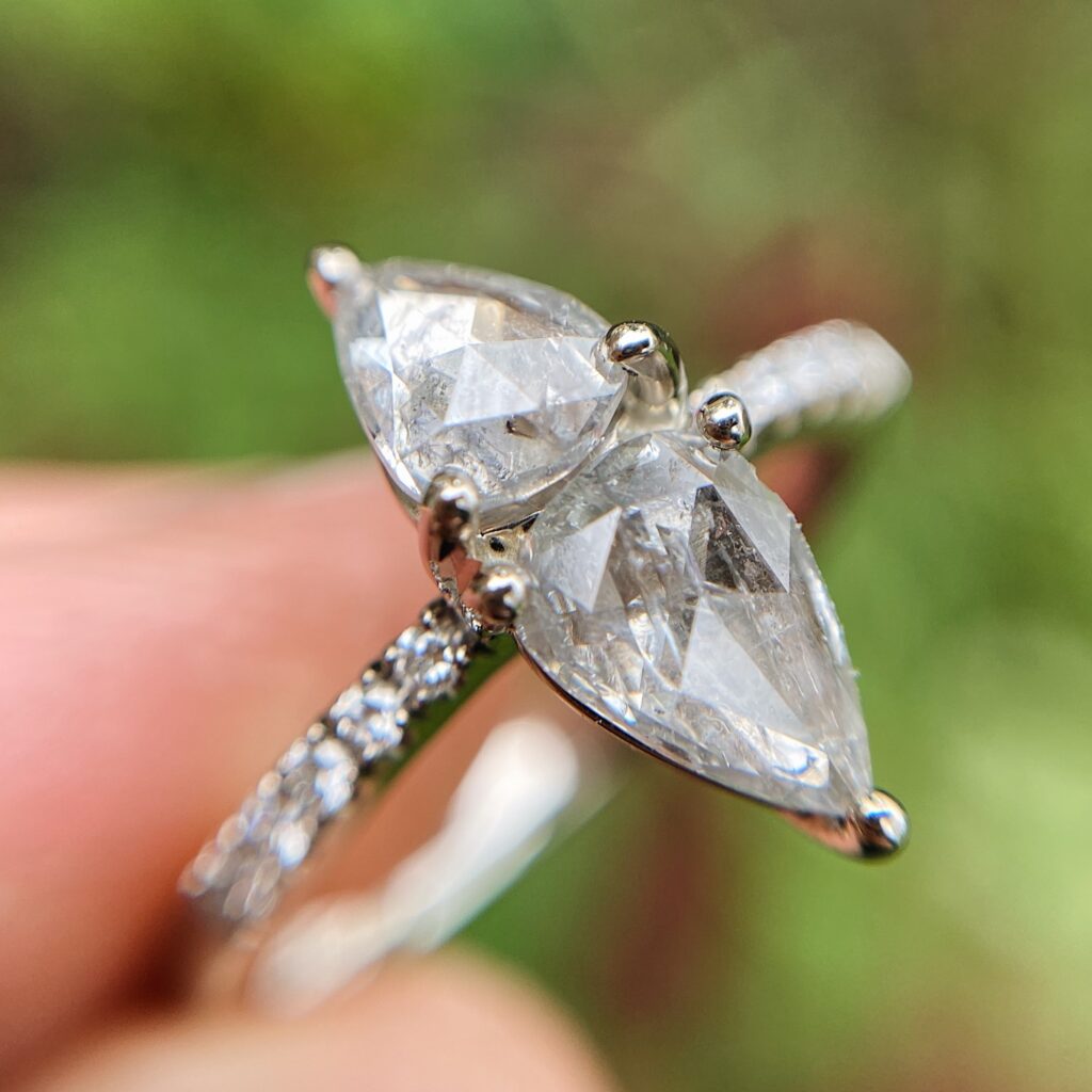 18ct White Gold Double Pear Rose-cut Diamond Ring - Baroque Jewellery