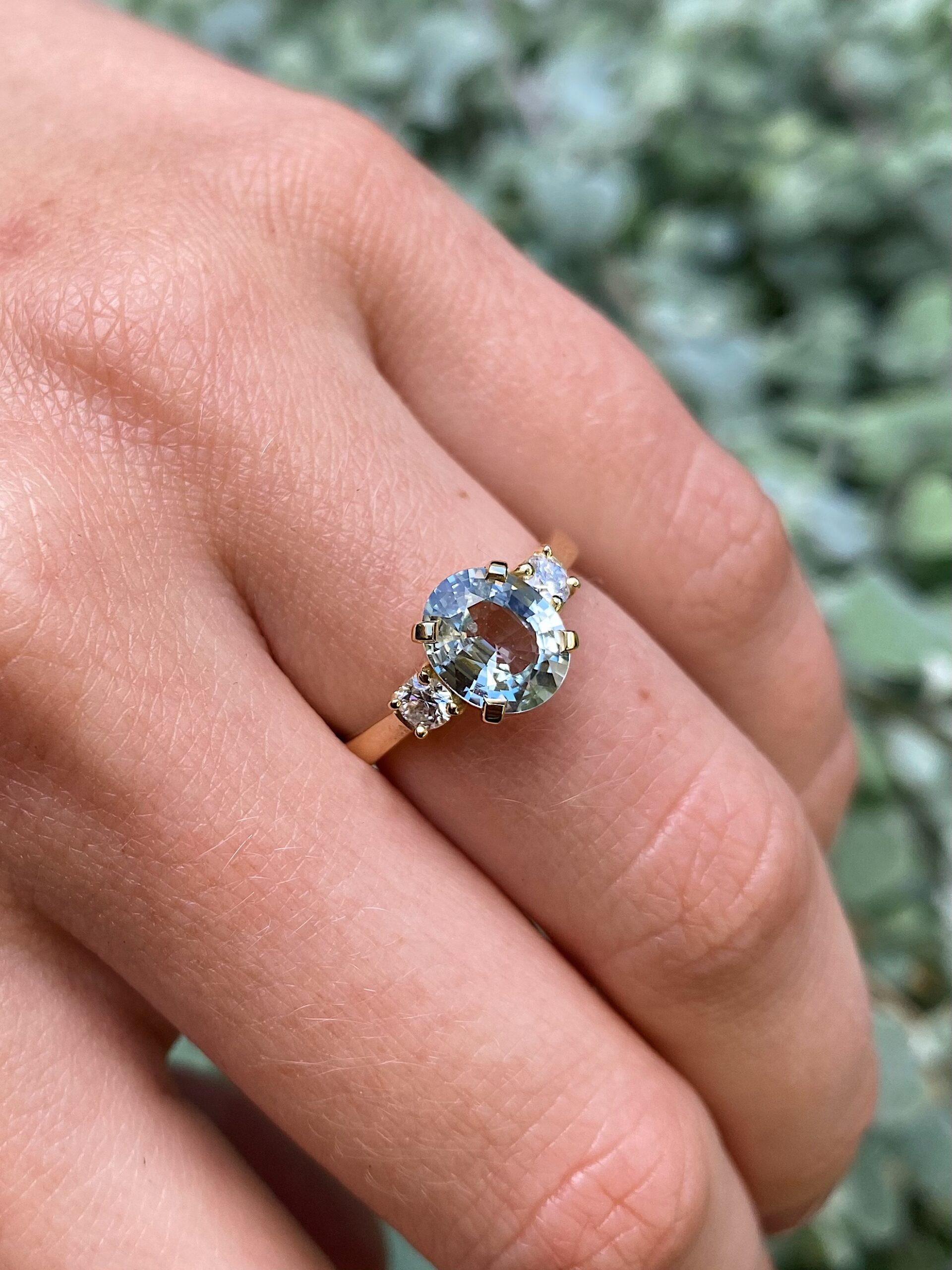 18ct Yellow Gold Sage Green Sapphire and Diamond Trilogy Ring - Baroque ...