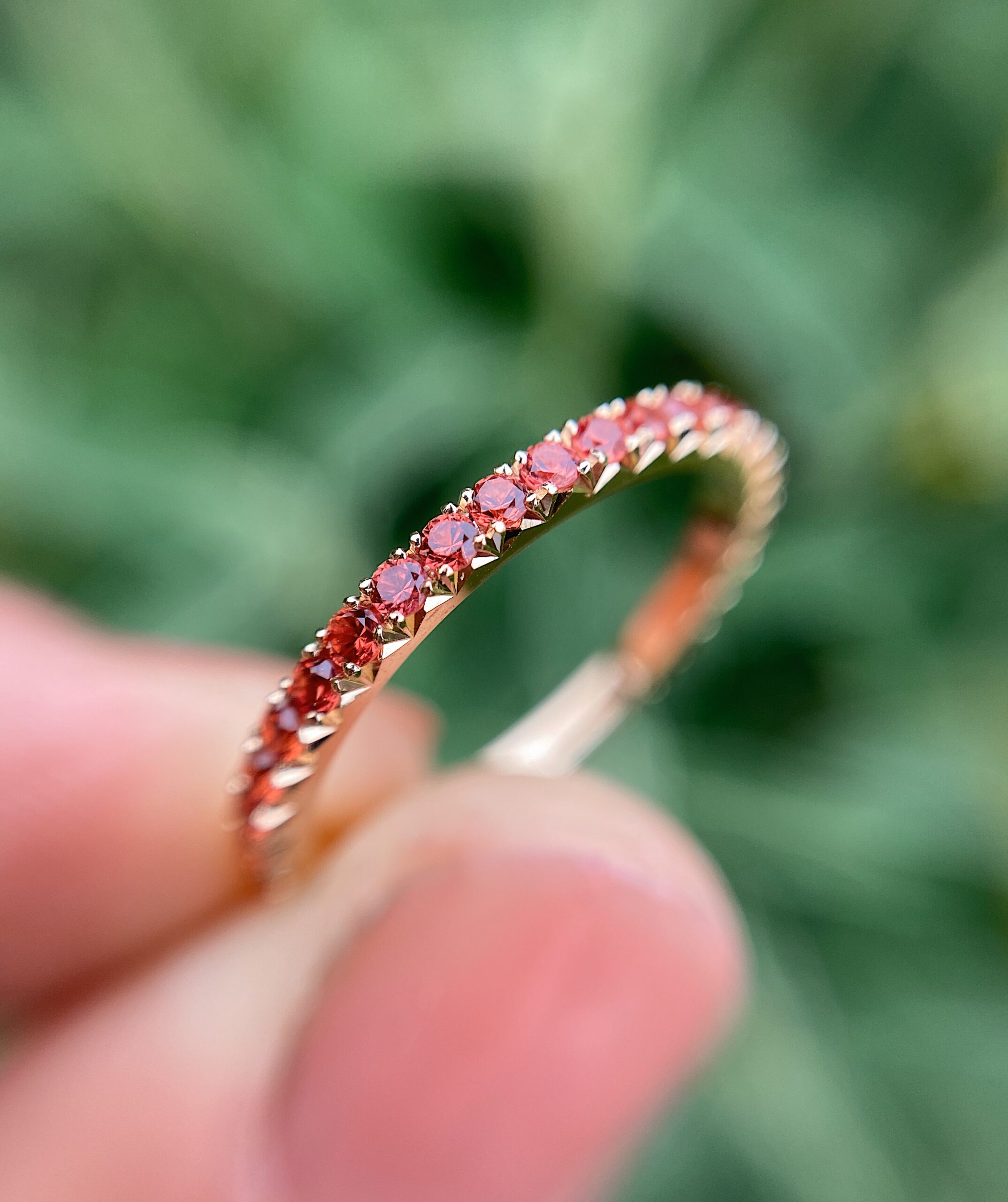 18ct Rose Gold French-cut Orange Sapphire Eternity Ring - Baroque Jewellery