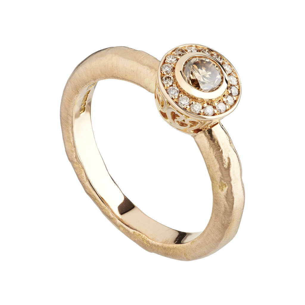 18ct Rose Gold Molten Halo Diamond Engagement Ring With Filigree Collet ...