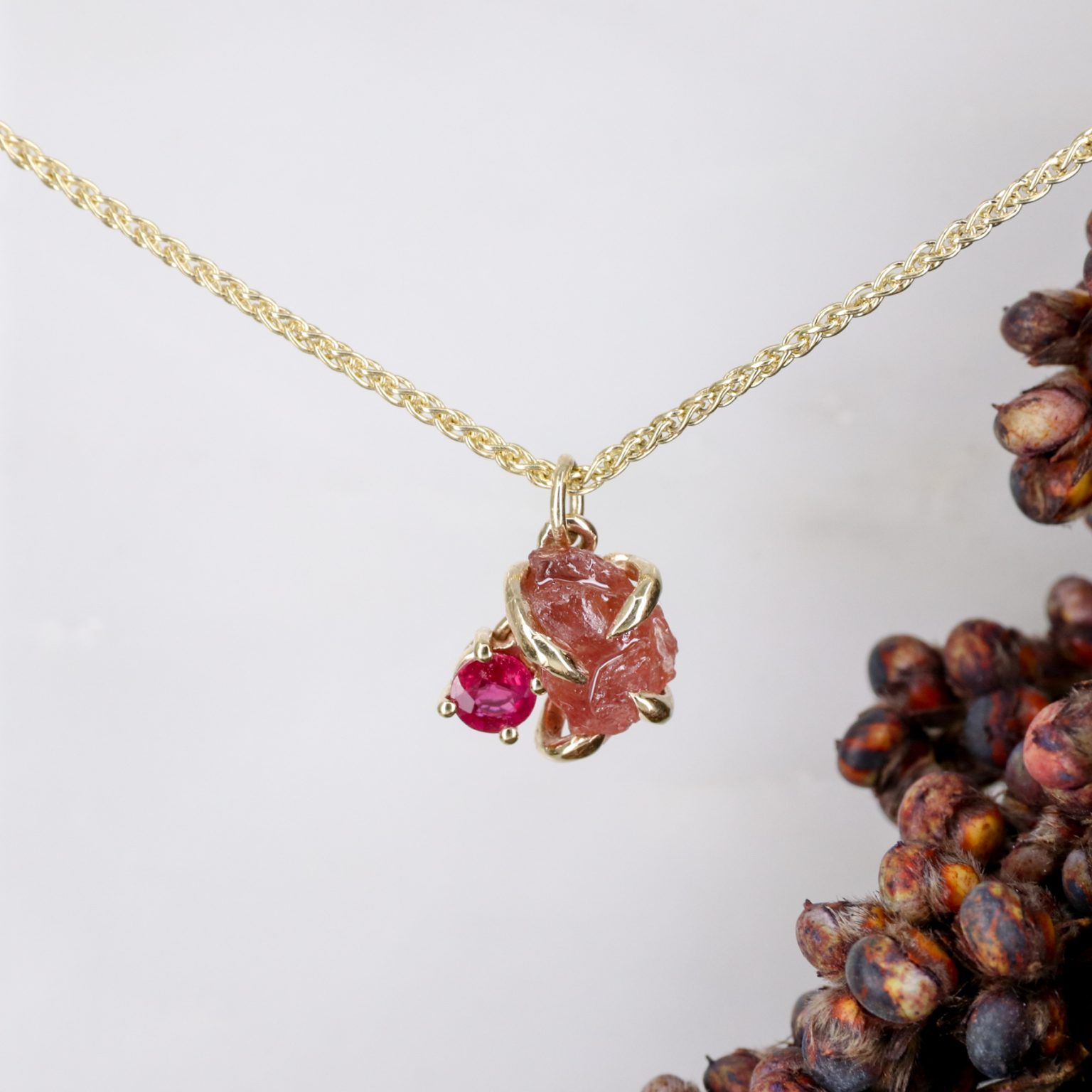 18ct yellow gold rough and cut ruby pendant - Baroque Jewellery