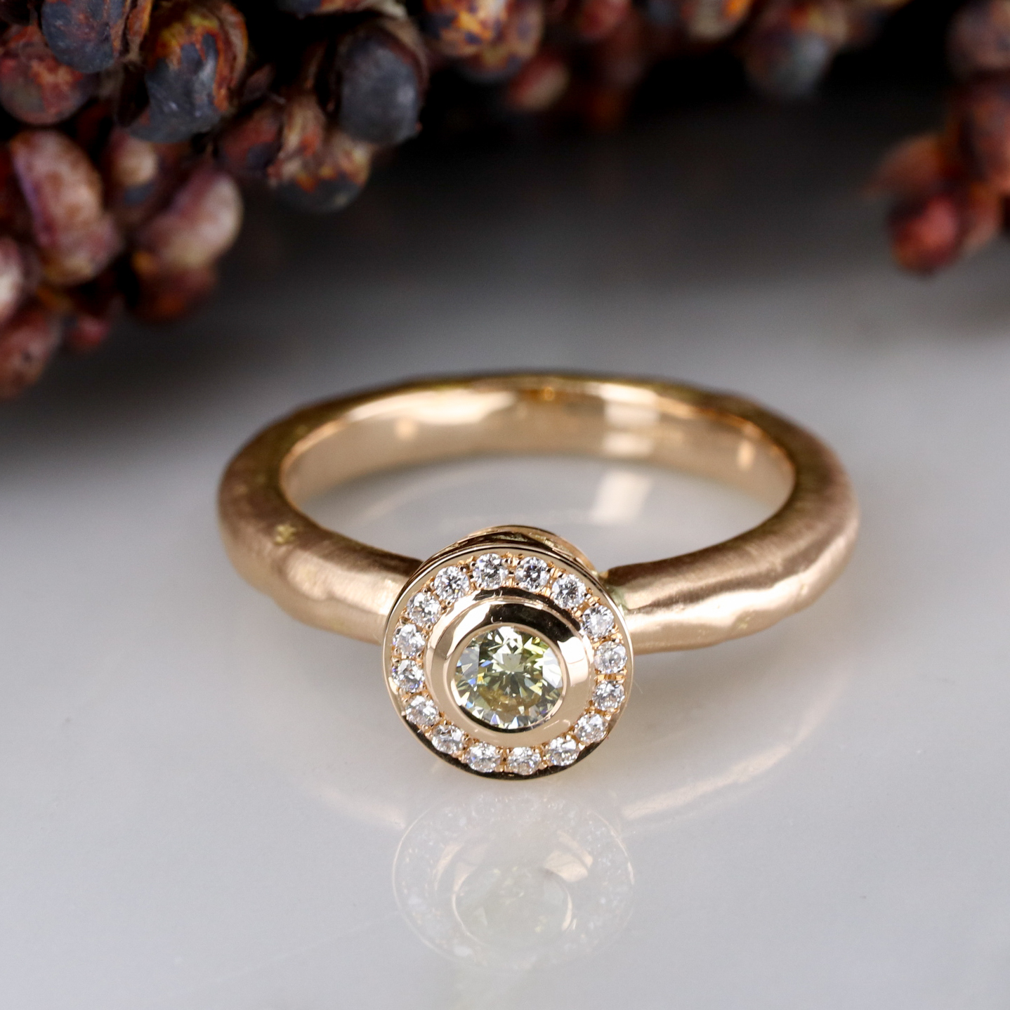 18ct rose gold molten engagement ring with filigree collet with ...