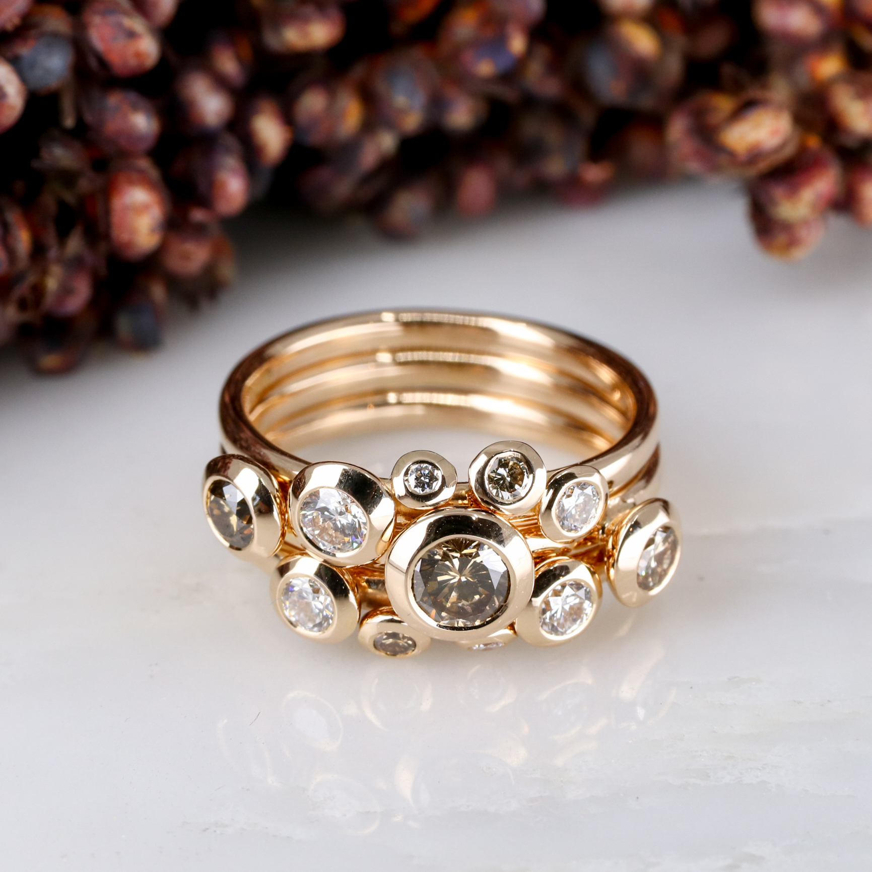 18ct rose gold three part concentric ring with white and cinnamon ...