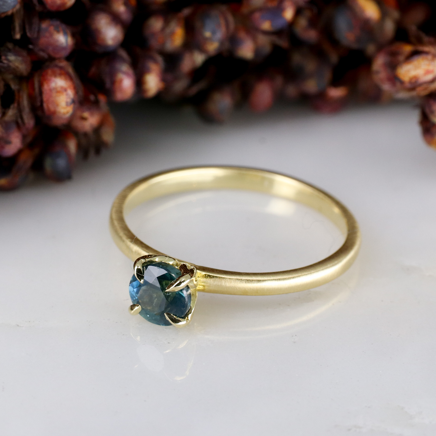 18ct yellow gold tulip ring with 0.66ct teal sapphire - Baroque Jewellery