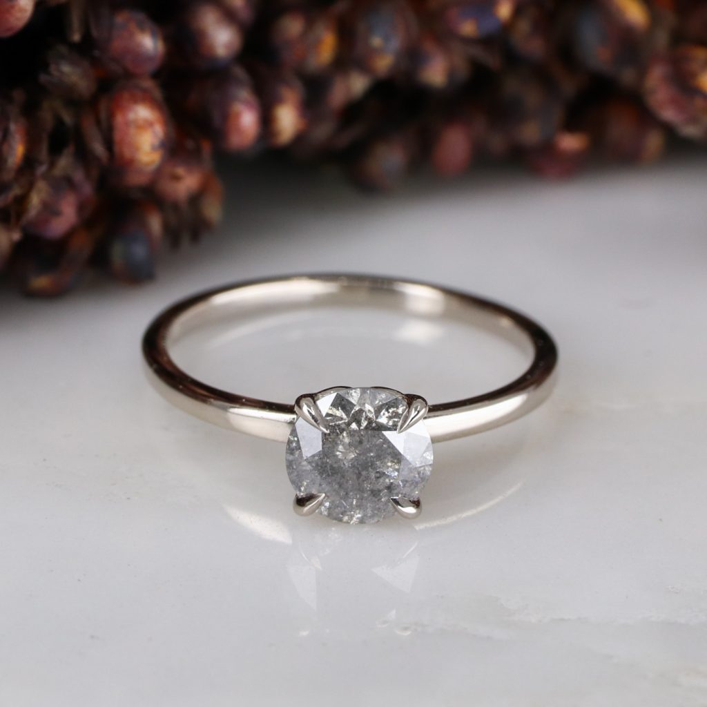 18ct white gold tulip ring with 0.96ct salt and pepper diamond - Baroque Jewellery