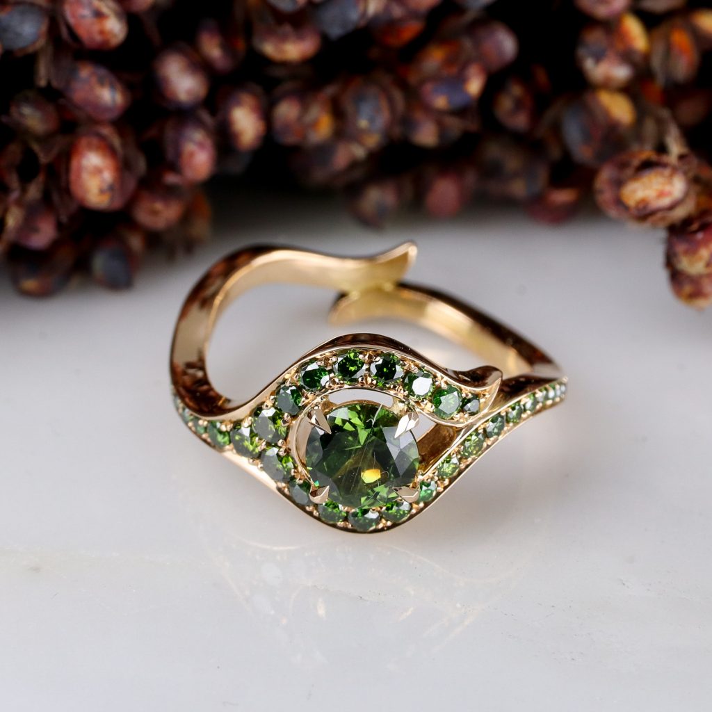 18ct rose gold green sapphire and green diamond Atlantis ring - Baroque ...