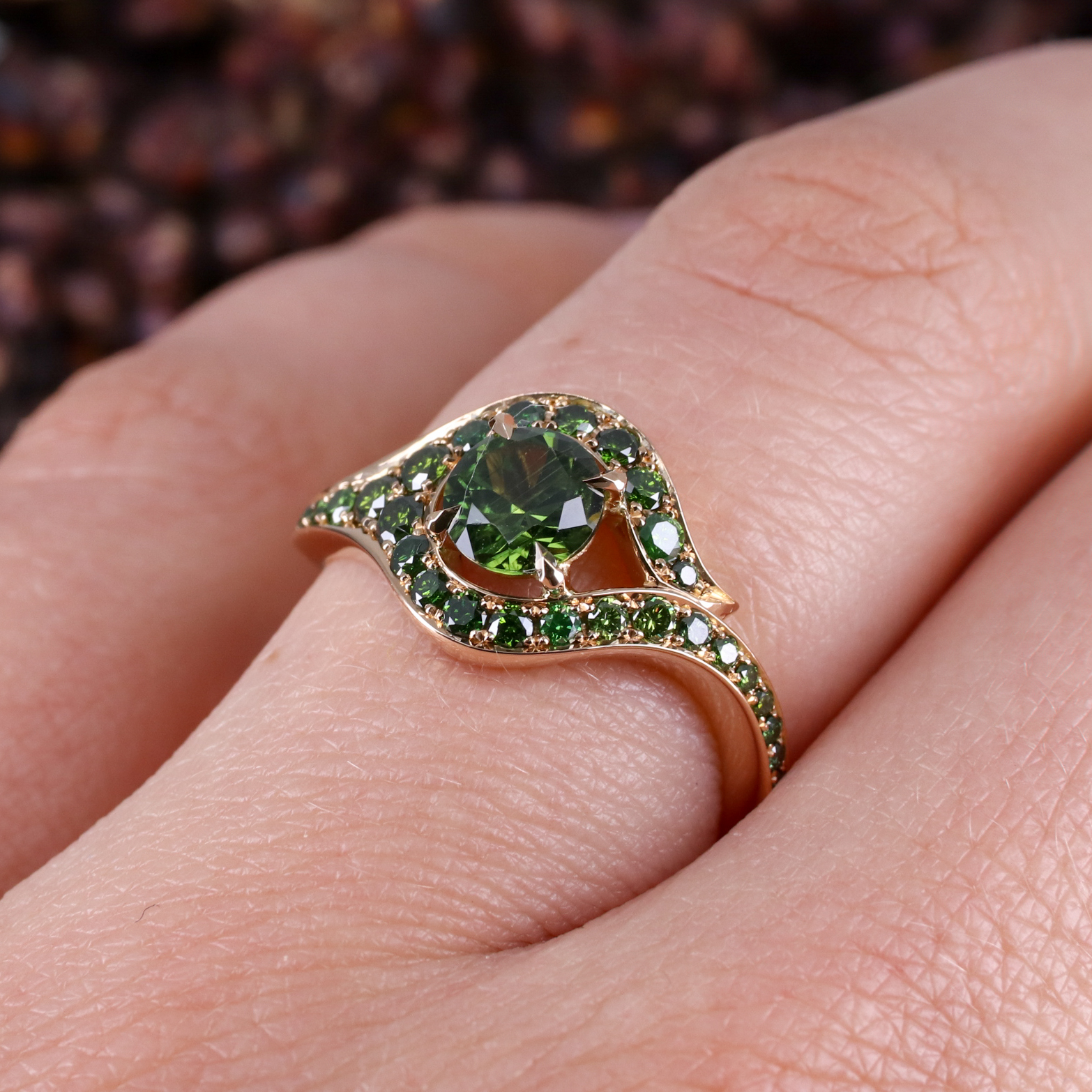 18ct rose gold green sapphire and green diamond Atlantis ring - Baroque ...