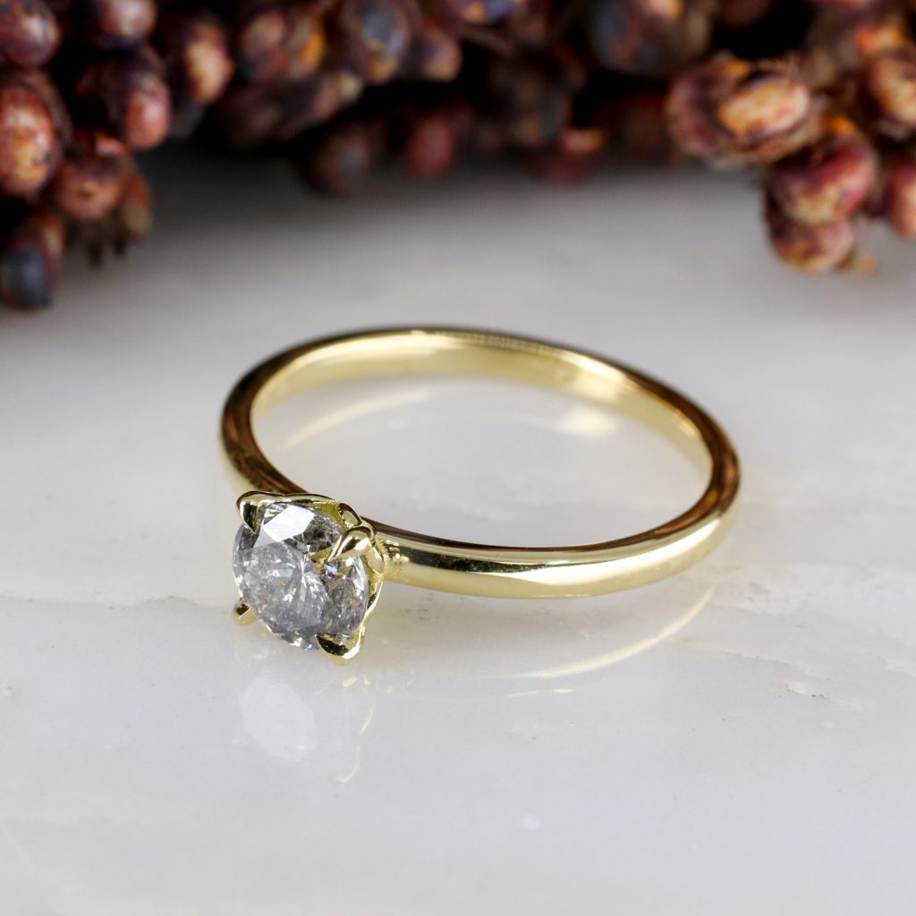 18ct yellow gold tulip ring with 0.69ct salt and pepper diamond - Baroque Jewellery