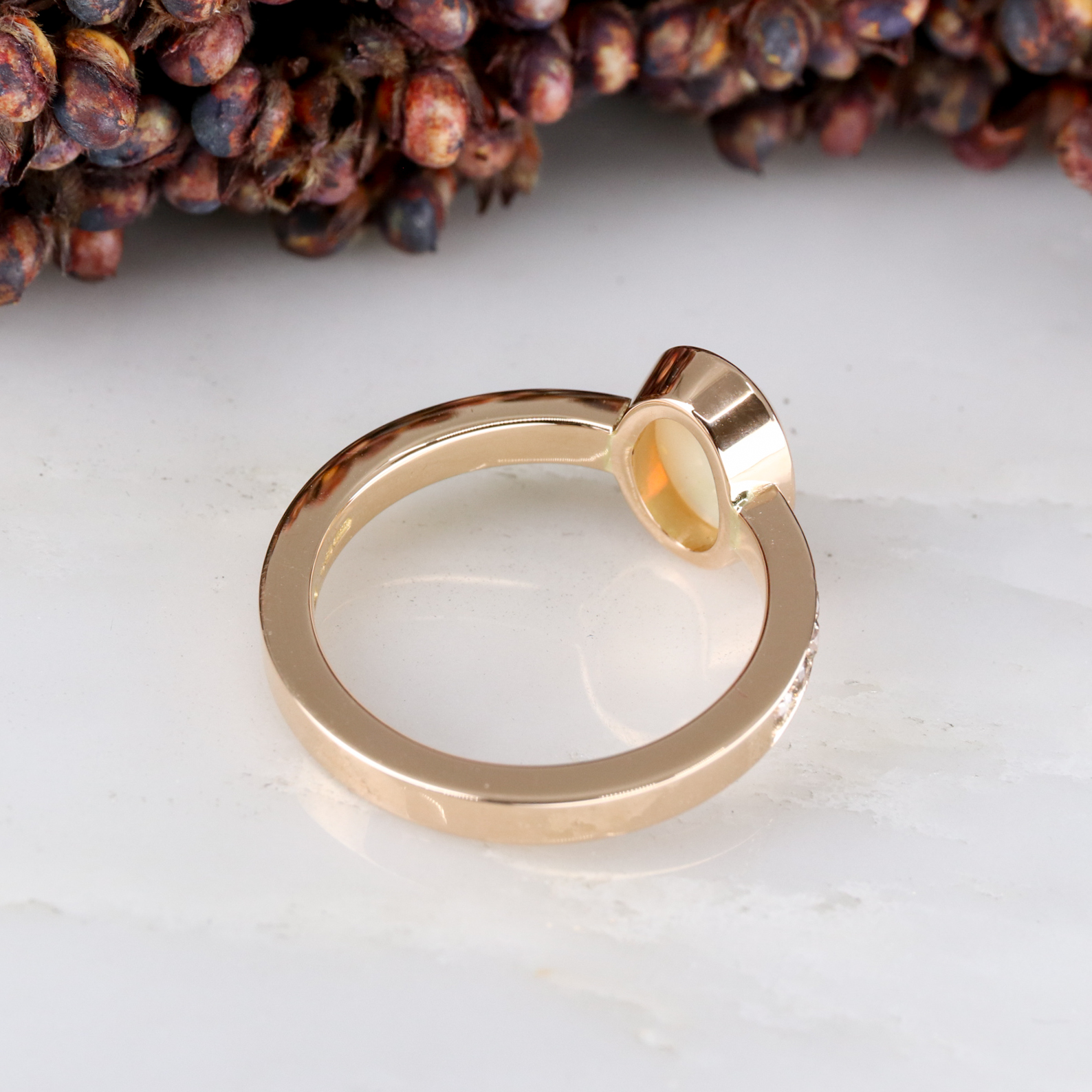 18ct rose gold opal ring with cinnamon diamond shoulders - Baroque ...