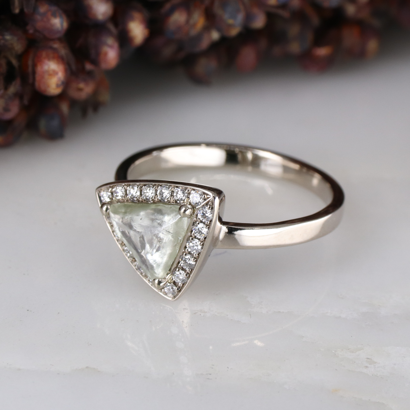 18ct white gold macle diamond ring with white diamond halo - Baroque ...