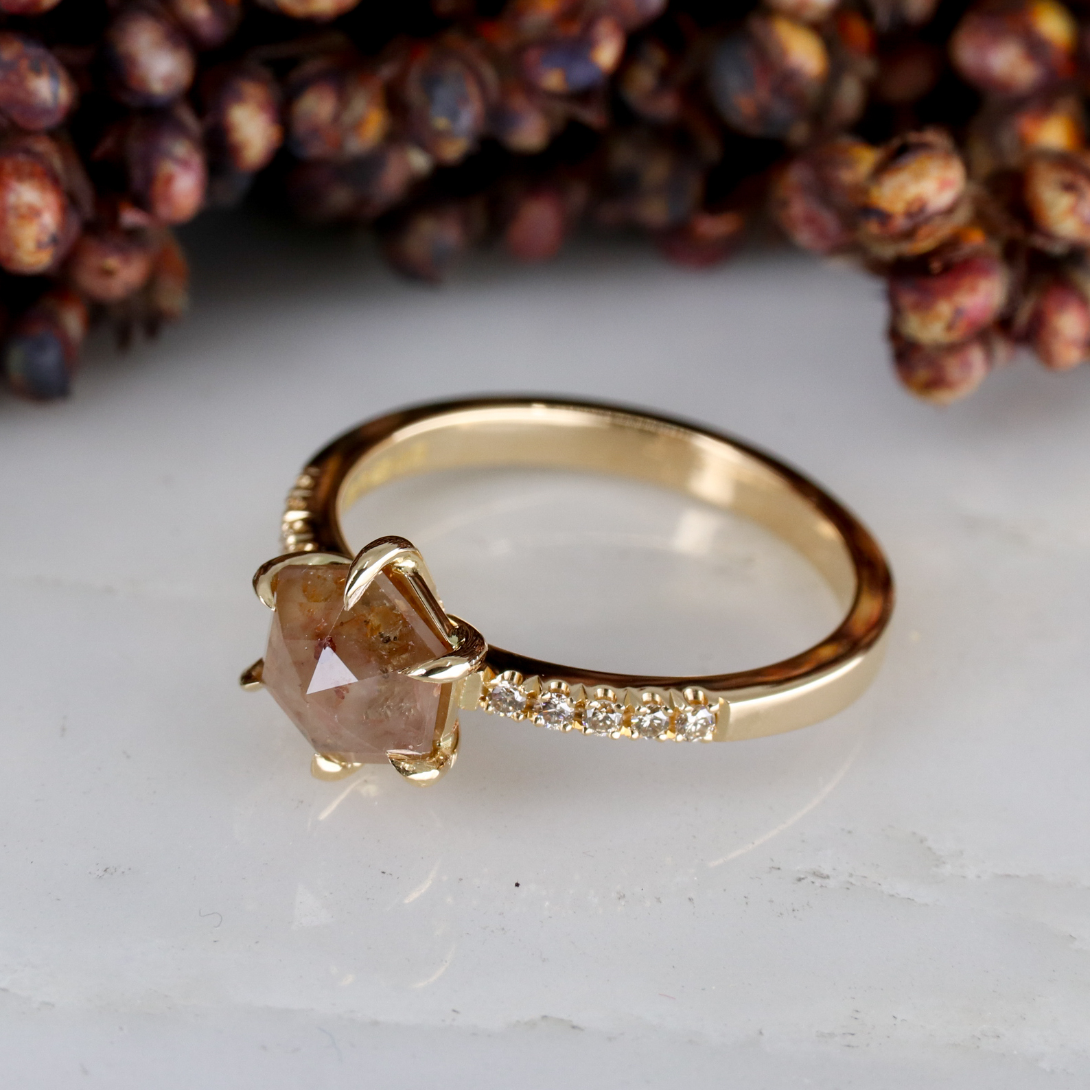 18ct rose gold cayenne salt and pepper hexagon diamond rise ring with ...