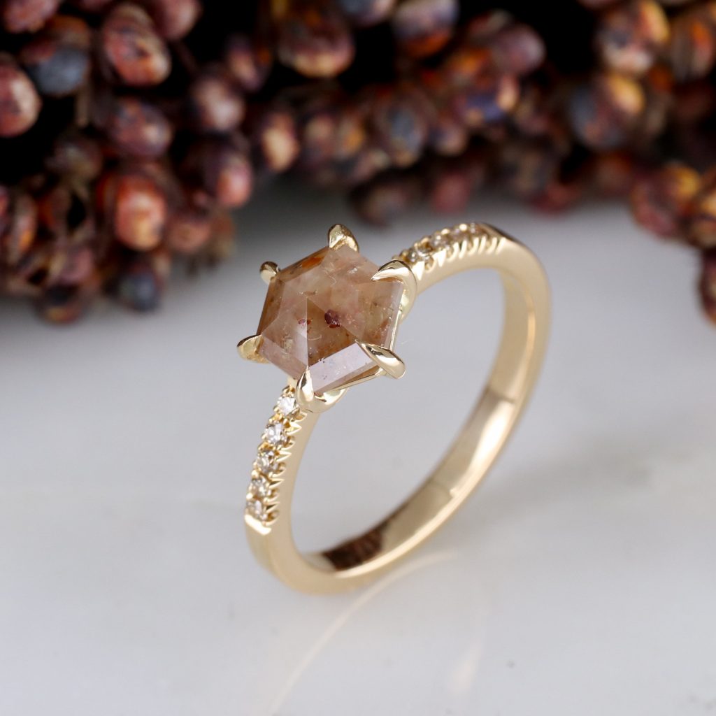18ct rose gold cayenne salt and pepper hexagon diamond rise ring with ...