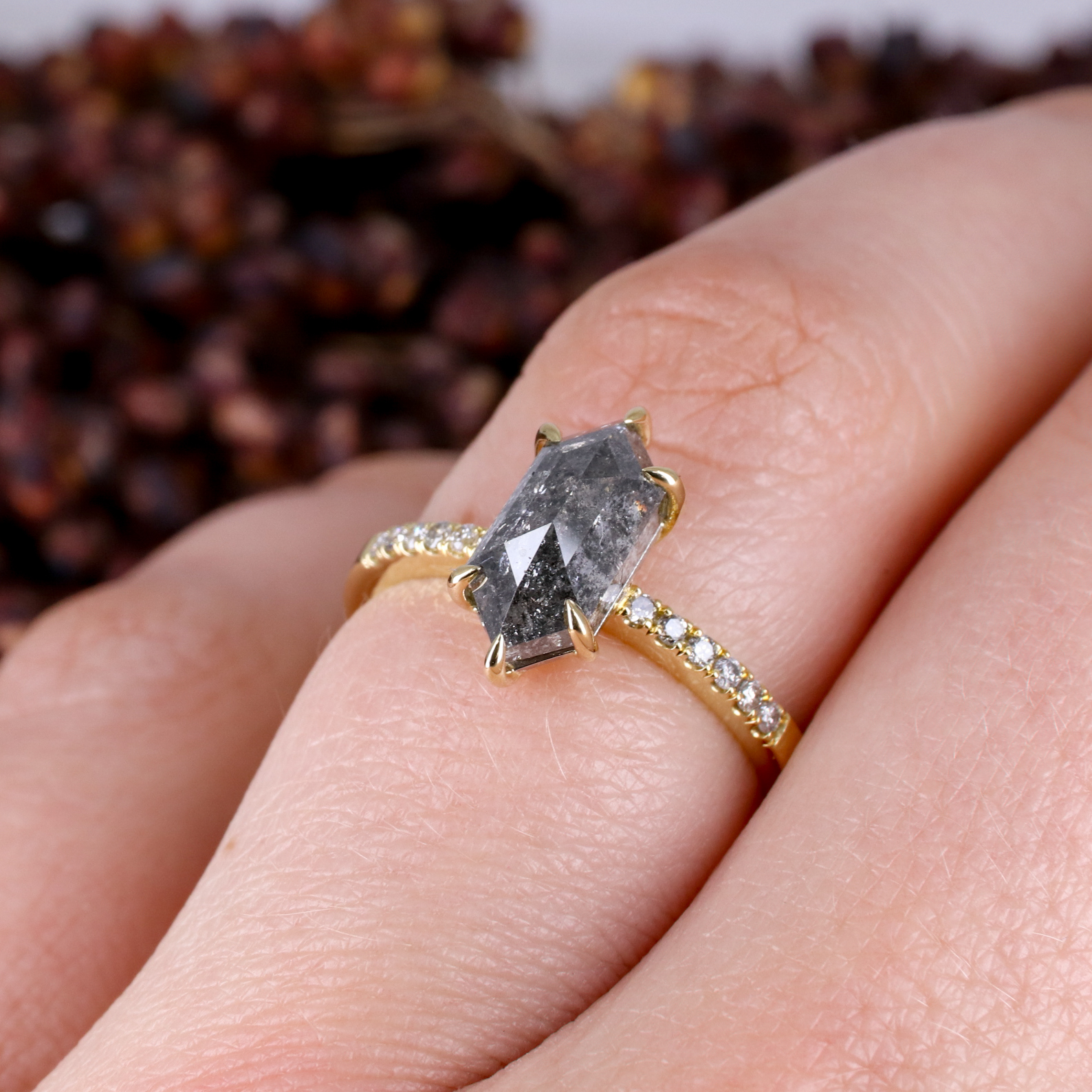 18ct yellow gold elongated hexagon salt and pepper diamond rise ring ...