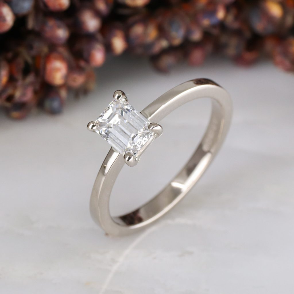 18ct white gold emerald cut lab grown diamond rise ring - Baroque Jewellery
