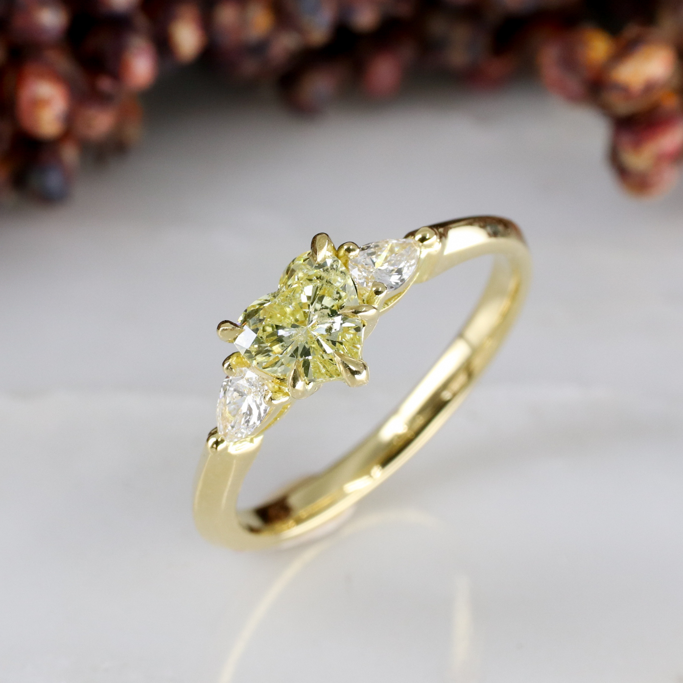 18ct yellow gold heart shape pale yellow diamond trilogy ring with ...