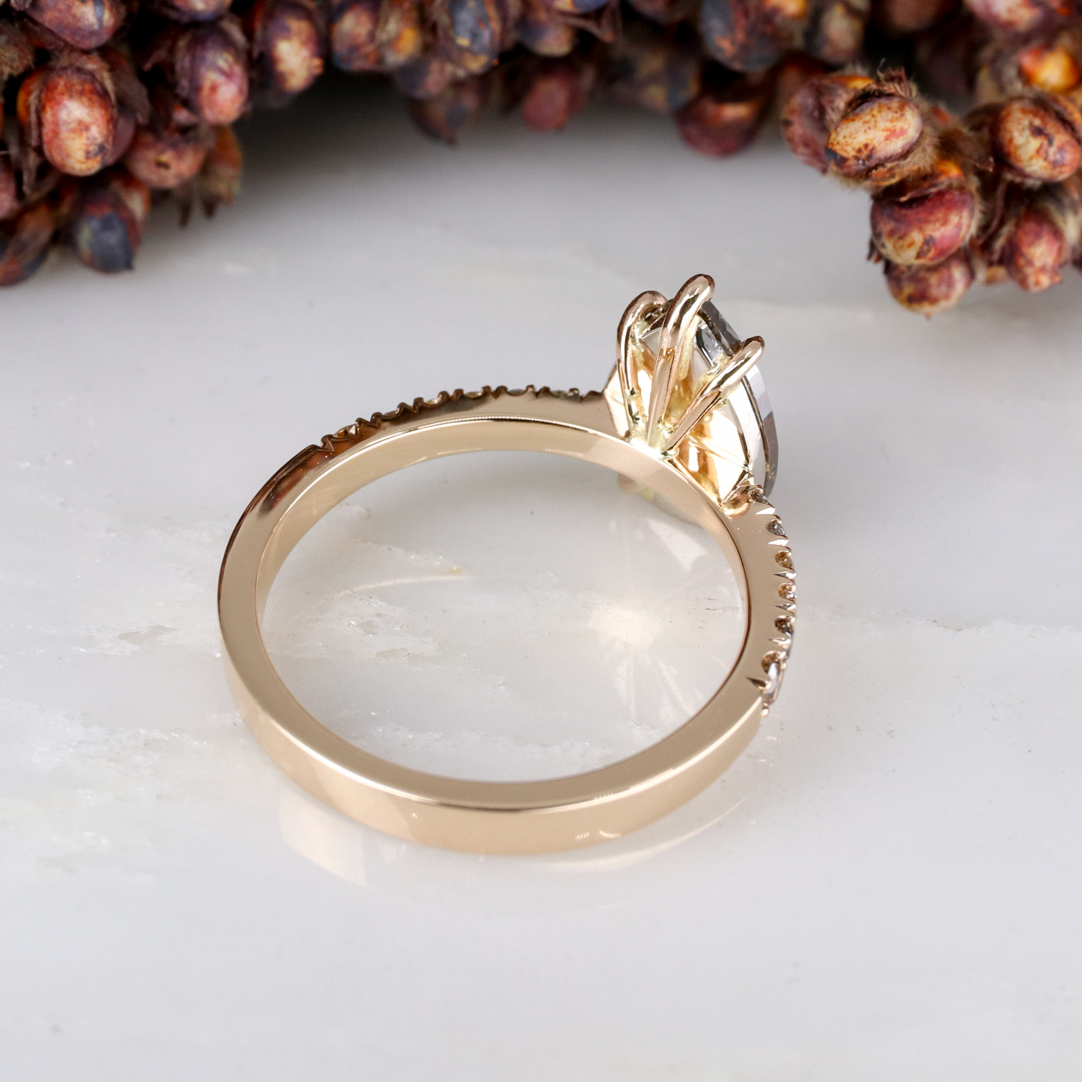 18ct rose gold unique pear shape diamond rise ring with ombre diamond ...