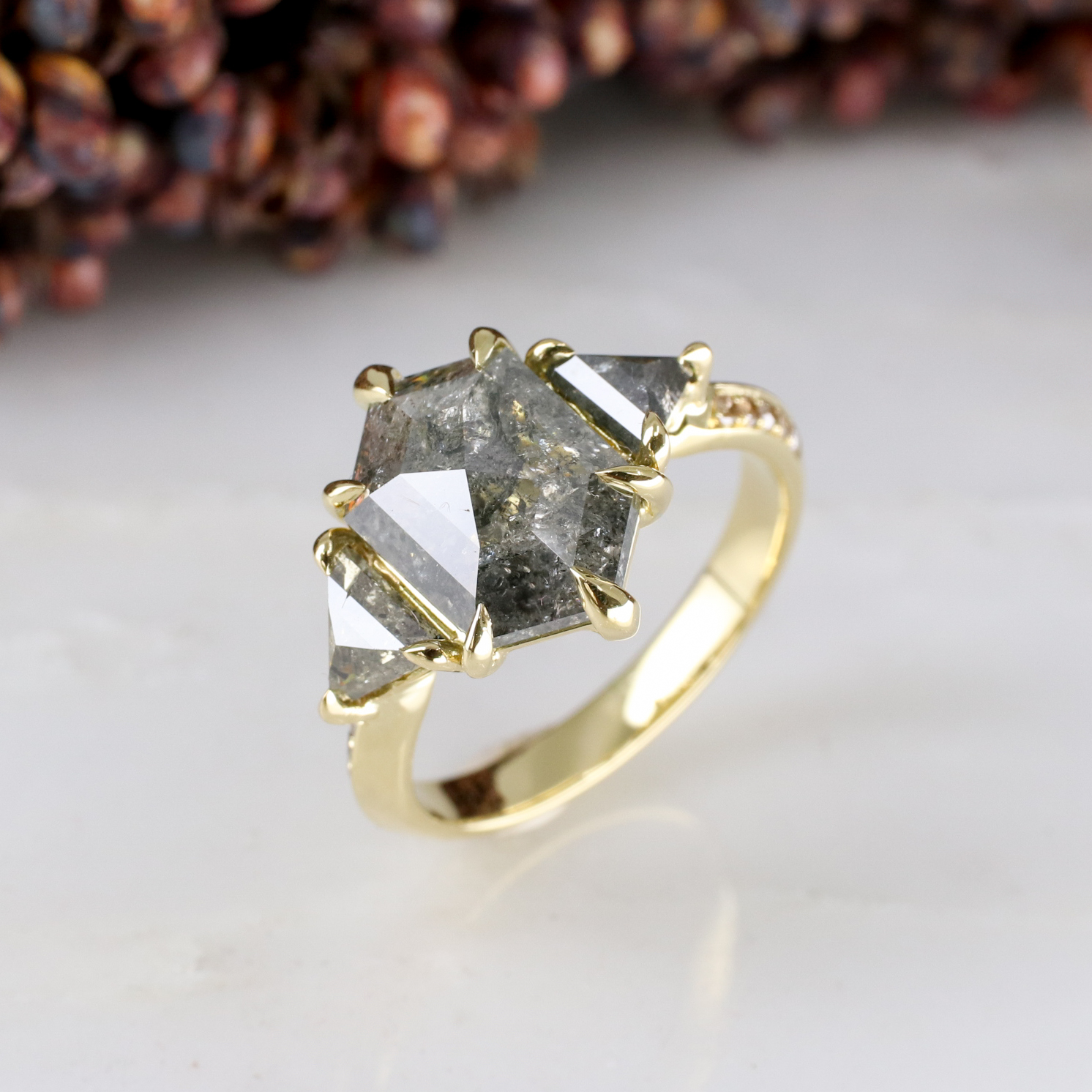 18ct yellow gold hexagon salt and pepper diamond trilogy ring - Baroque ...