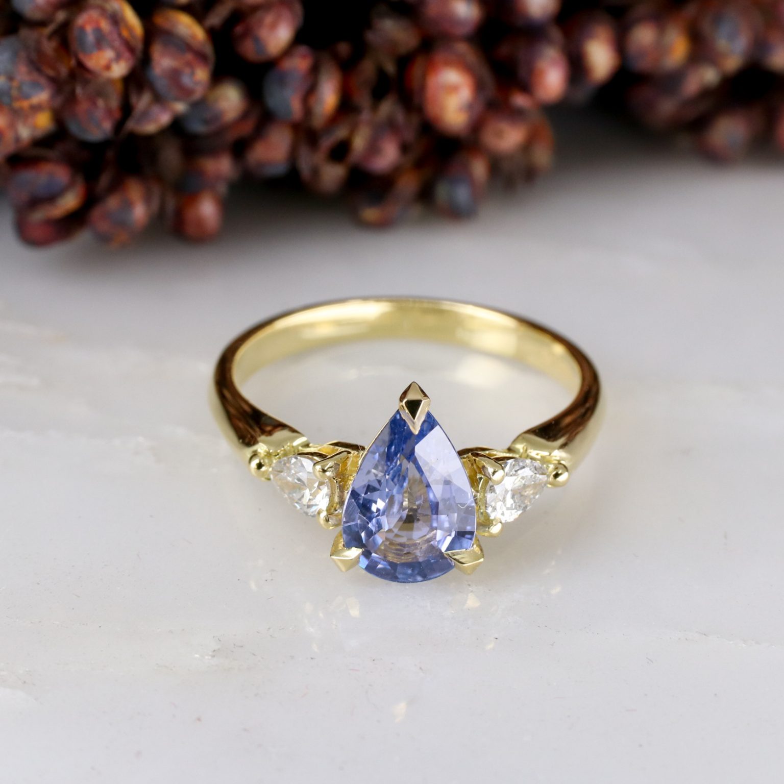 18ct yellow gold pear shape sapphire trilogy ring with pear shape salt ...