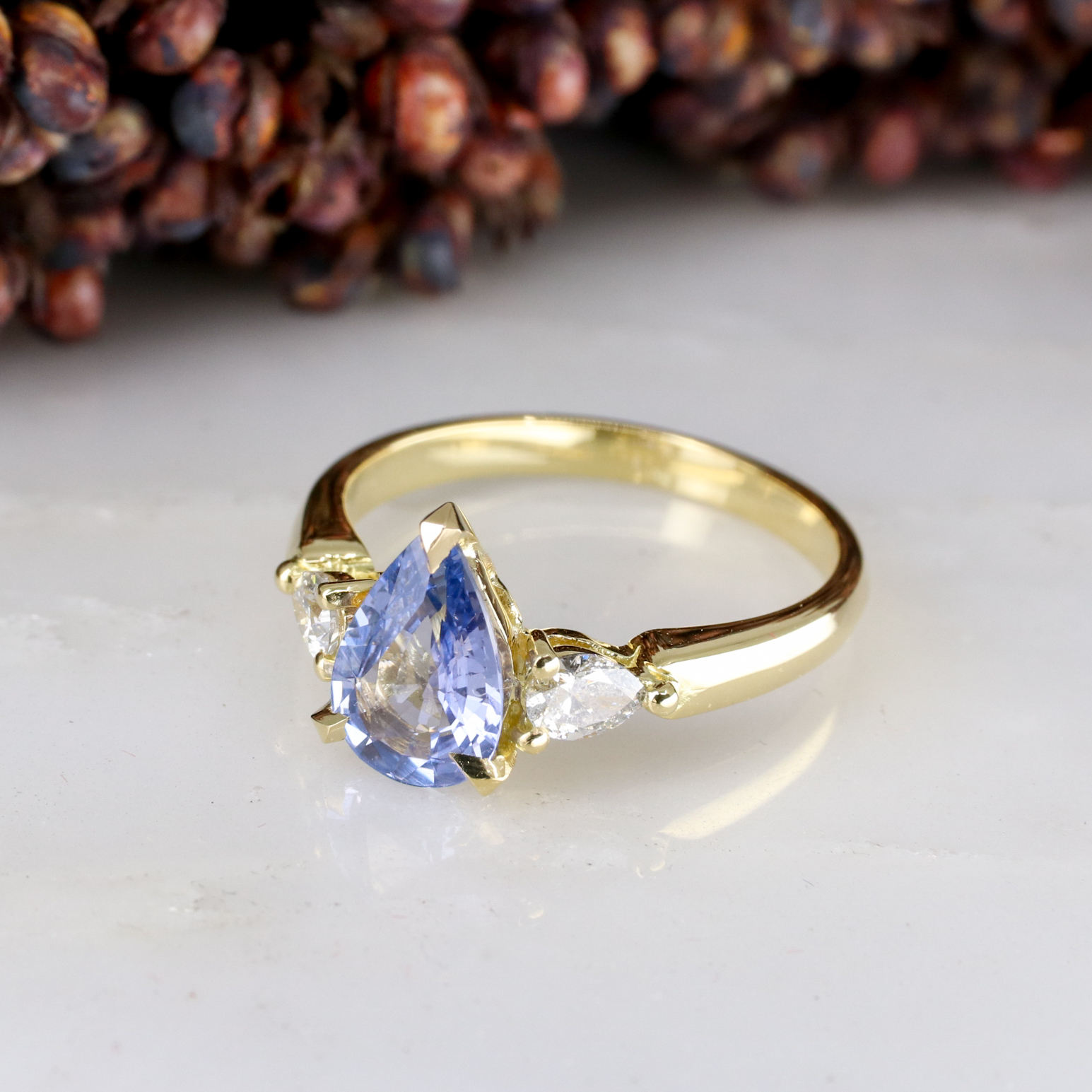 18ct yellow gold pear shape sapphire trilogy ring with pear shape salt ...