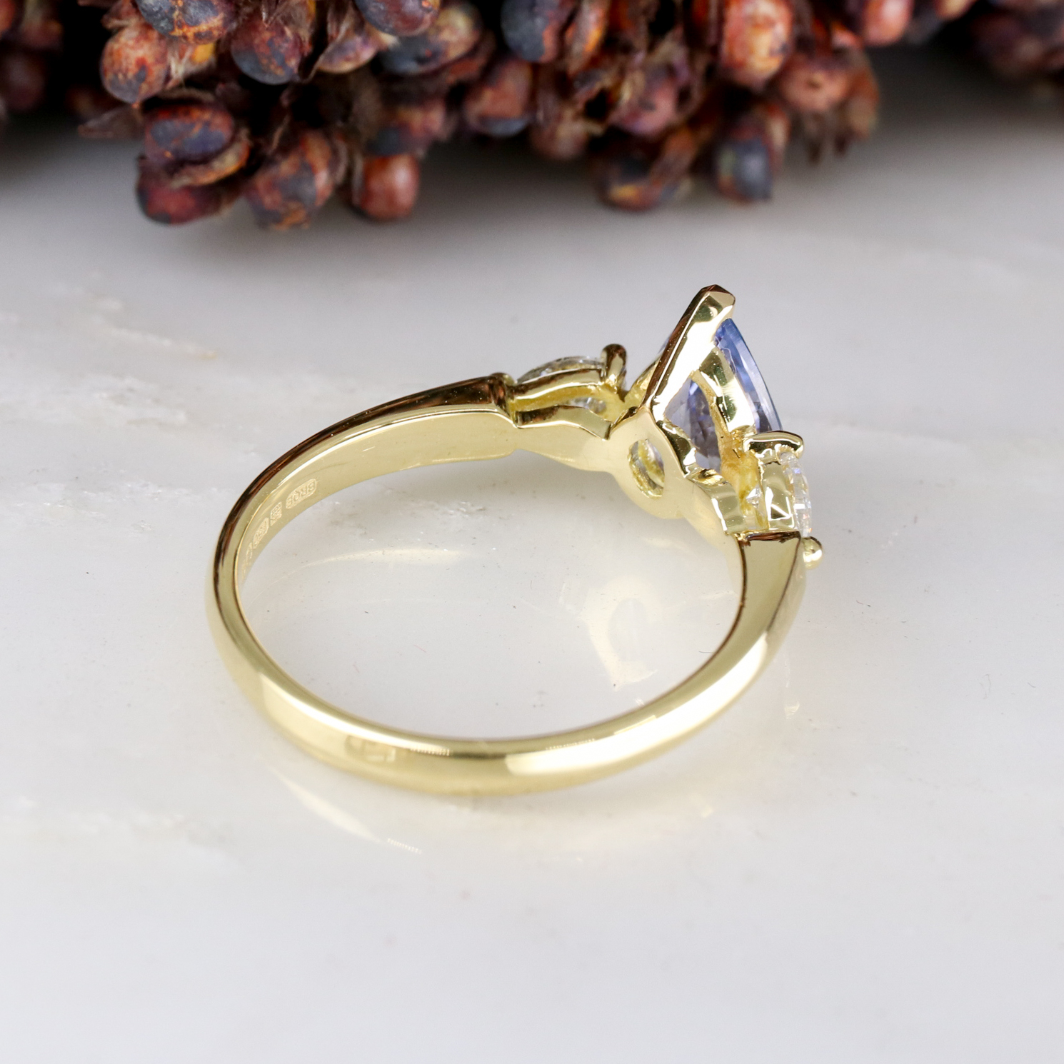 18ct yellow gold pear shape sapphire trilogy ring with pear shape salt ...