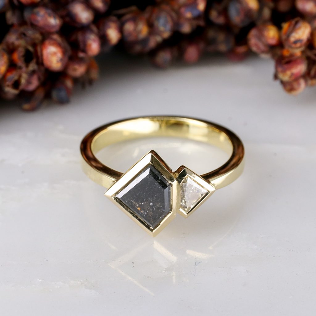 18ct yellow gold double shield diamond ring - Baroque Jewellery