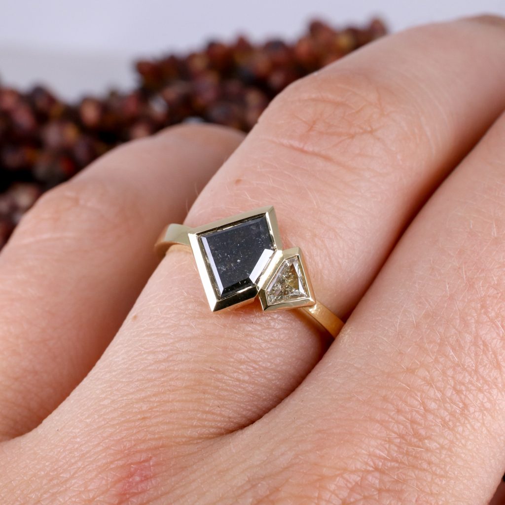 18ct yellow gold double shield diamond ring - Baroque Jewellery