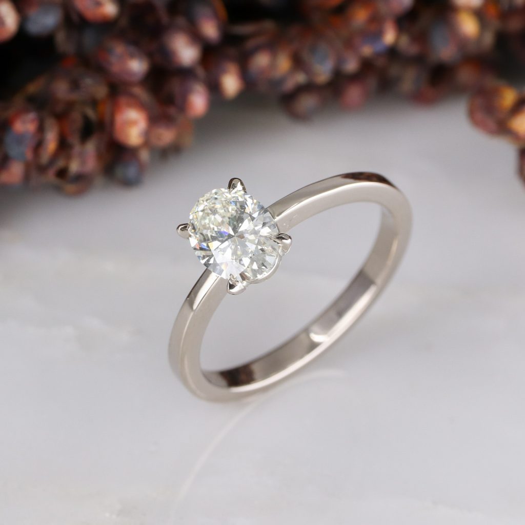 18ct white gold oval white diamond rise ring - Baroque Jewellery