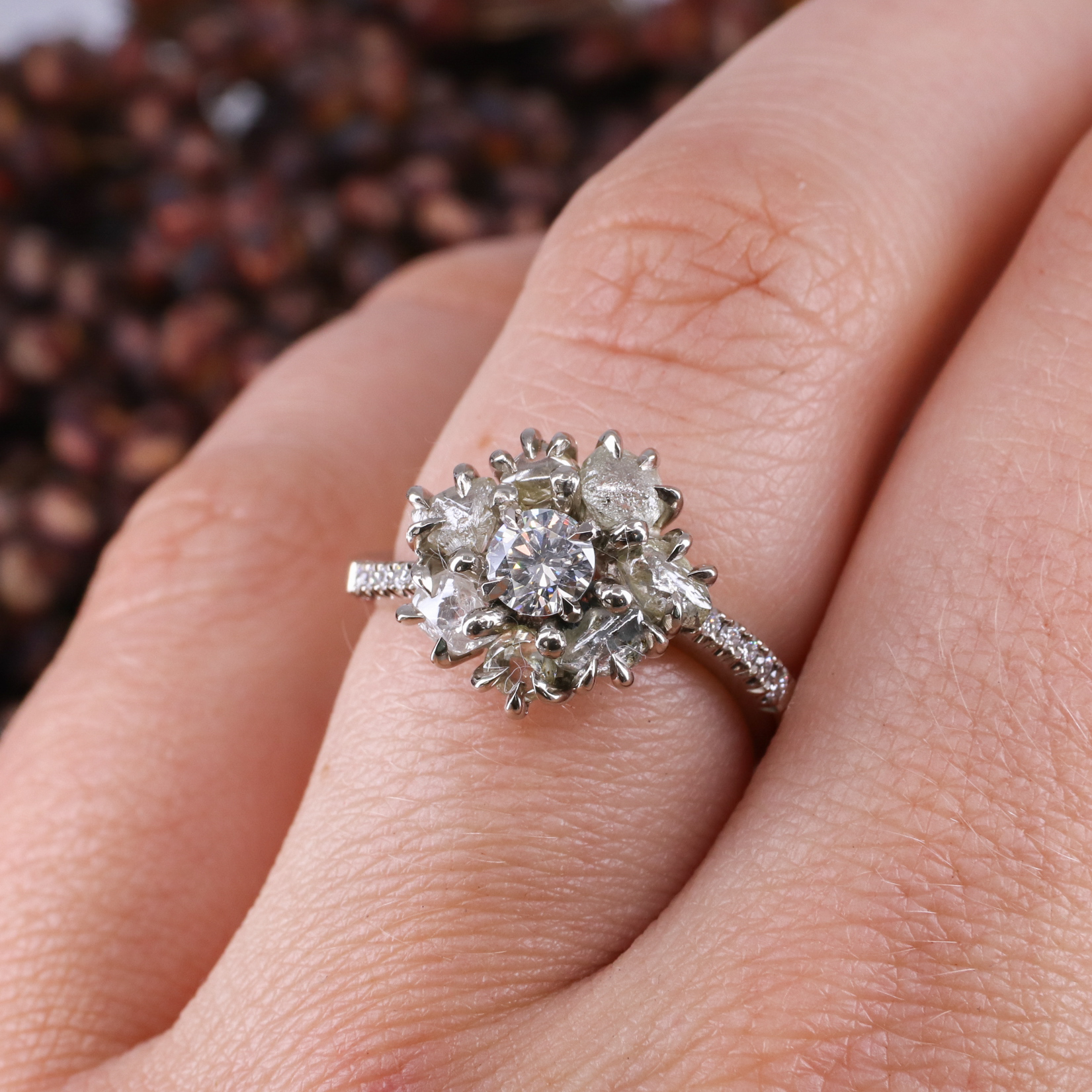 18ct white gold rough and cut diamond cluster ring - Baroque Jewellery