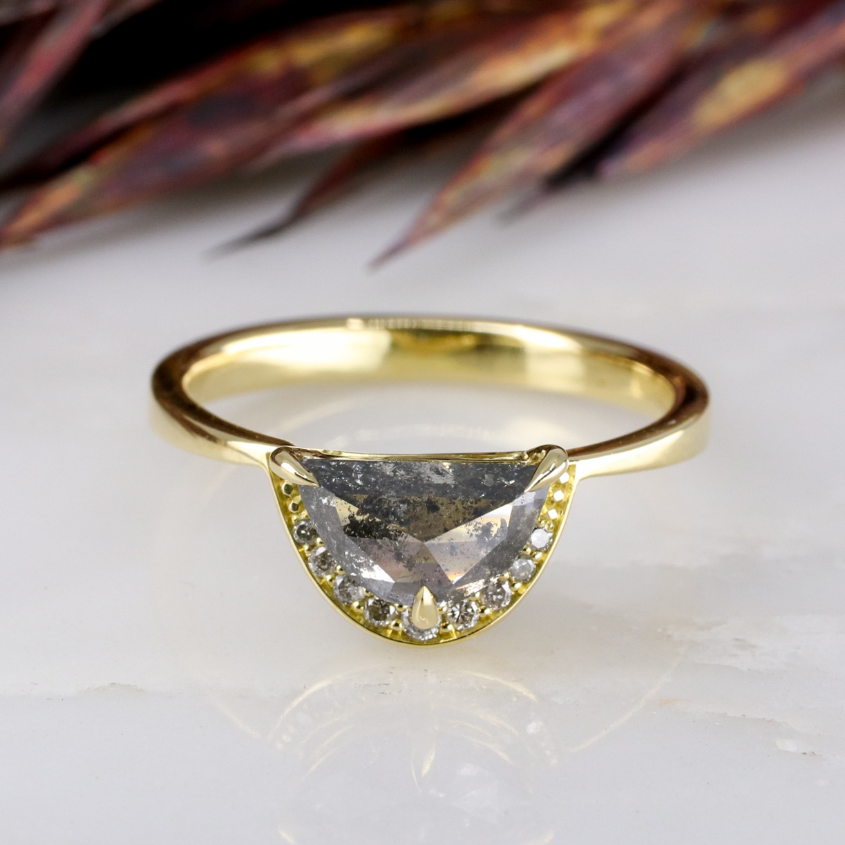 18ct yellow gold Crescent Moon ring with diamond half halo - Baroque ...