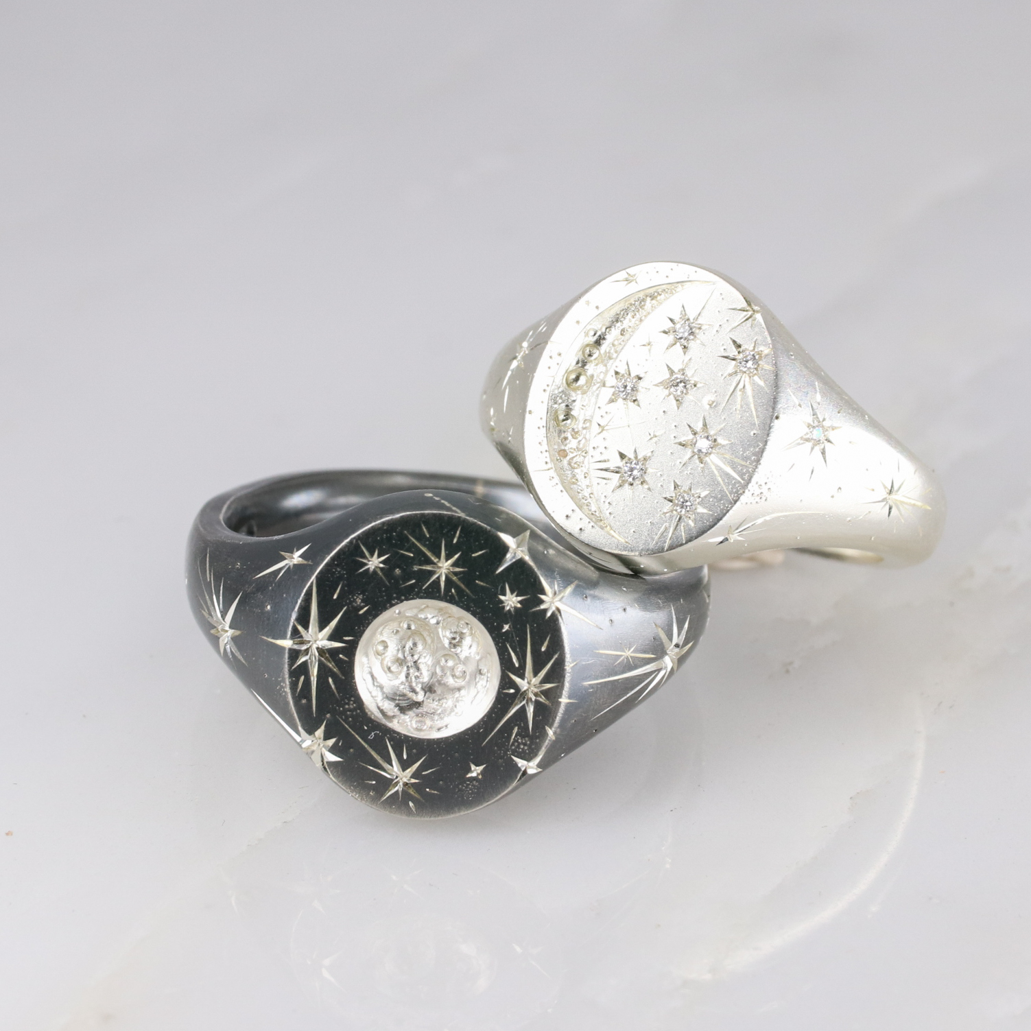 Silver Crescent Moon sparkling diamond signet ring - Baroque Jewellery