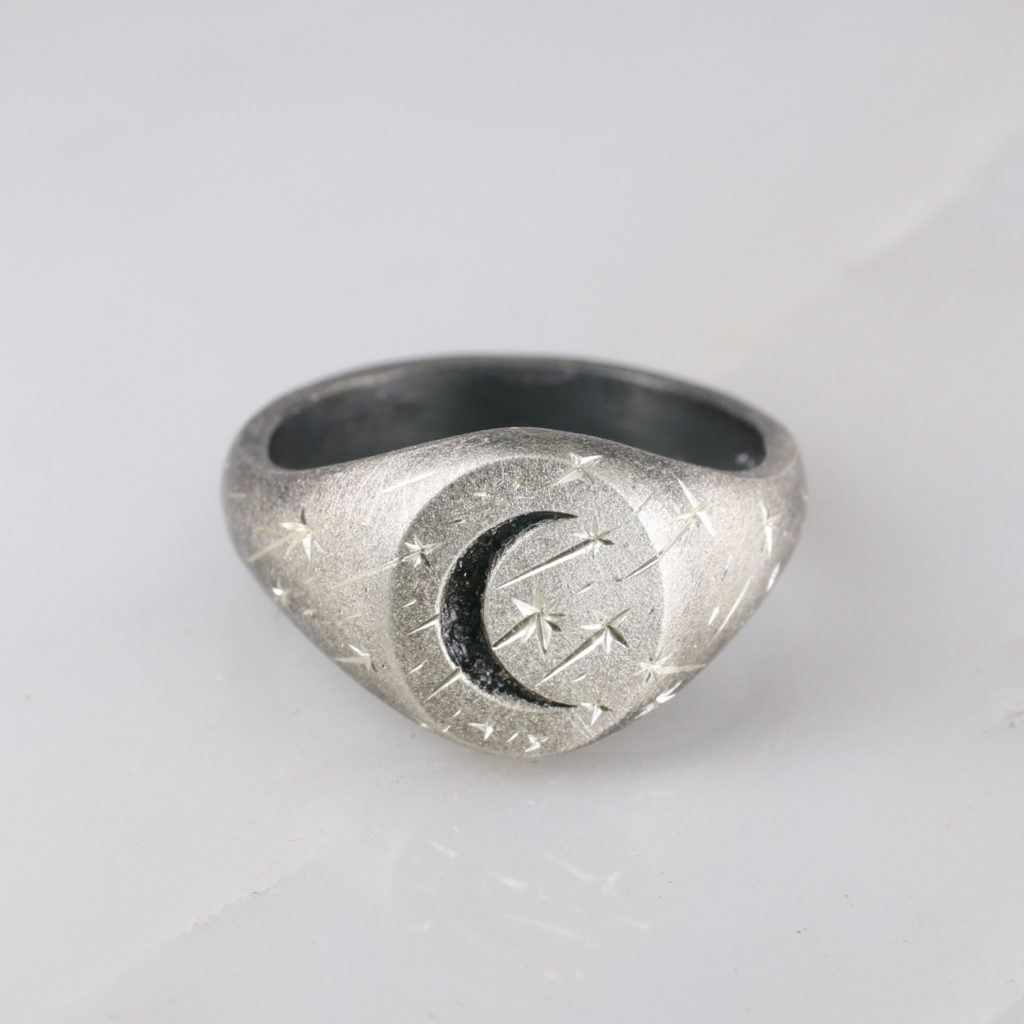 Silver signet ring with dark Crescent Moon and Shooting stars - Baroque ...