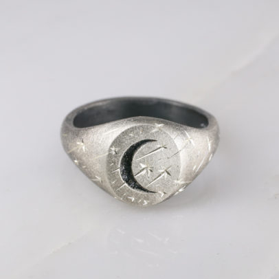 Silver signet ring with dark Crescent Moon and Shooting stars - Baroque ...