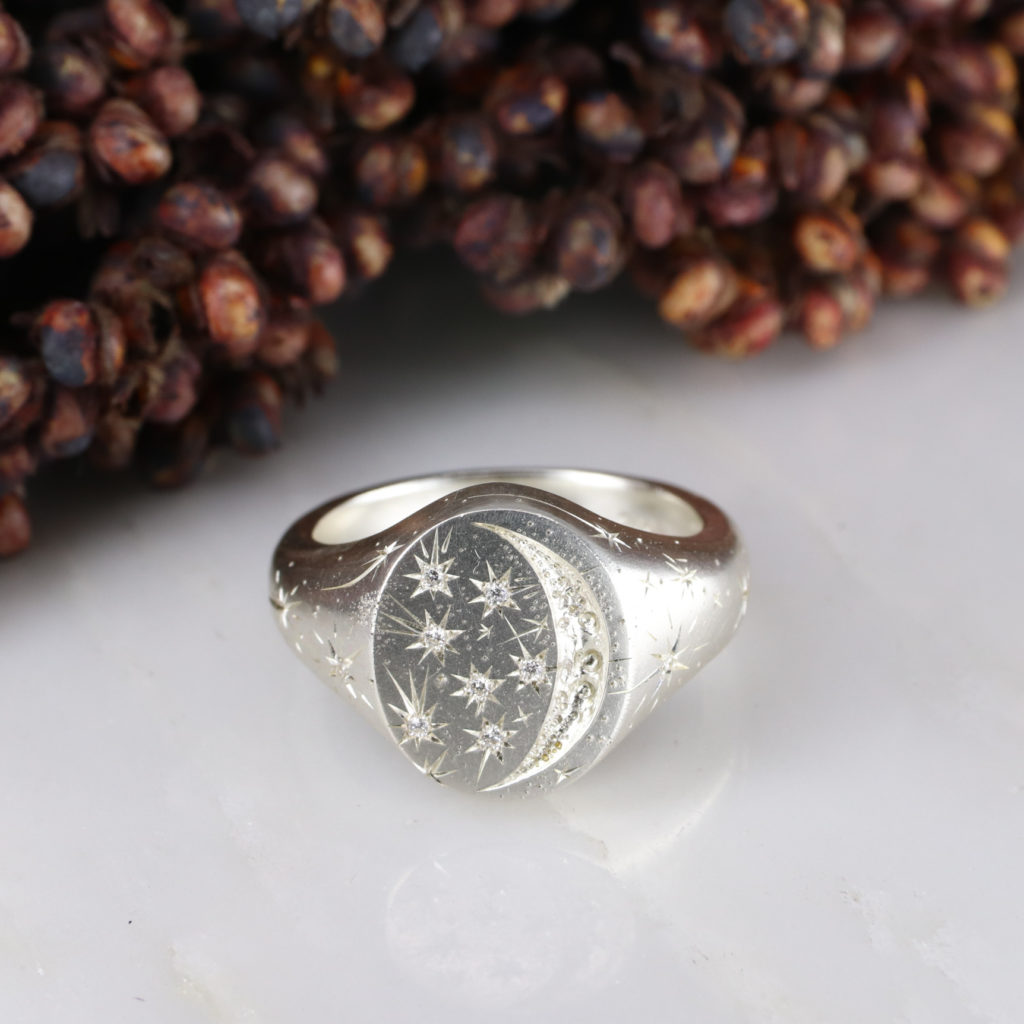 Silver Crescent Moon sparkling diamond signet ring - Baroque Jewellery