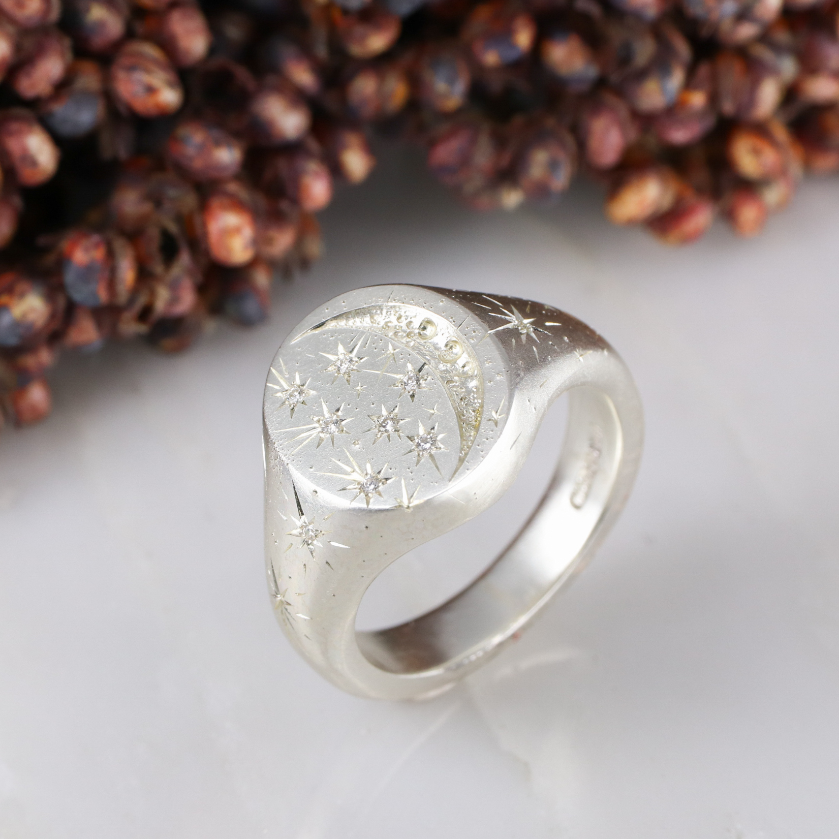 Silver Crescent Moon sparkling diamond signet ring - Baroque Jewellery