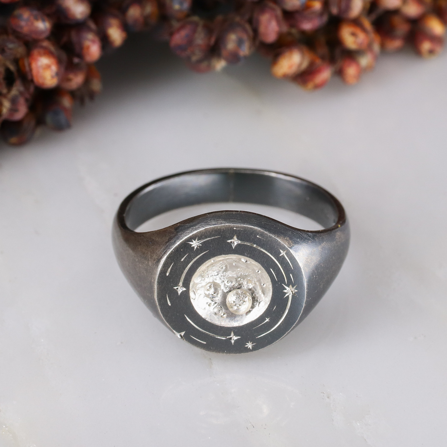 Silver Moon Orbit signet ring - Baroque Jewellery