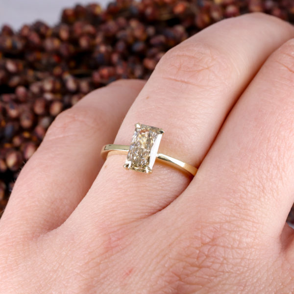 18ct yellow gold long radiant cut champagne diamond solitaire - Baroque Jewellery