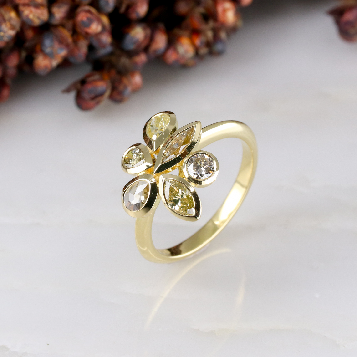 18ct yellow gold Balance ring: No. 2 with mixed fancy diamonds ...