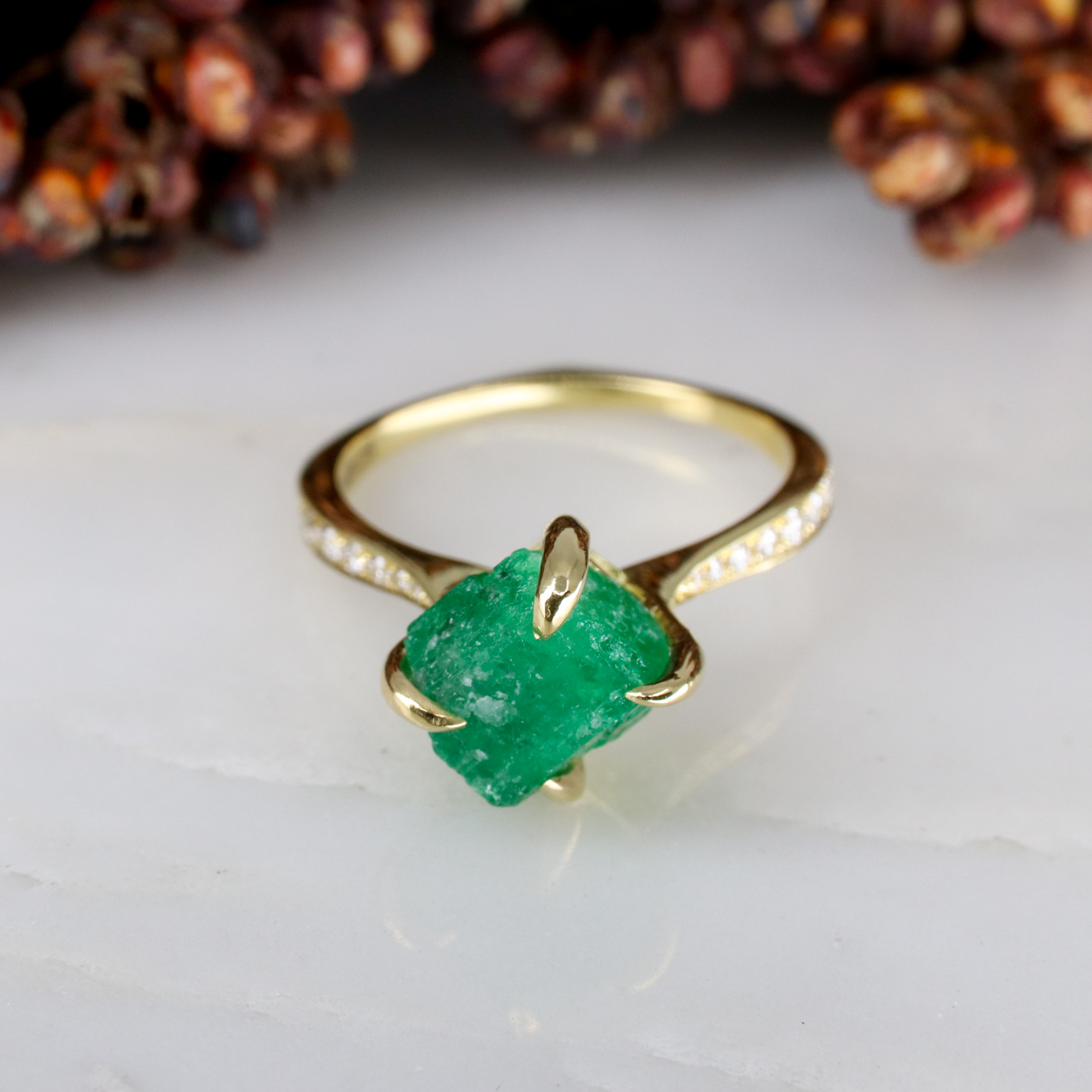 18ct yellow gold rough emerald ring with white diamond shoulders - Baroque Jewellery