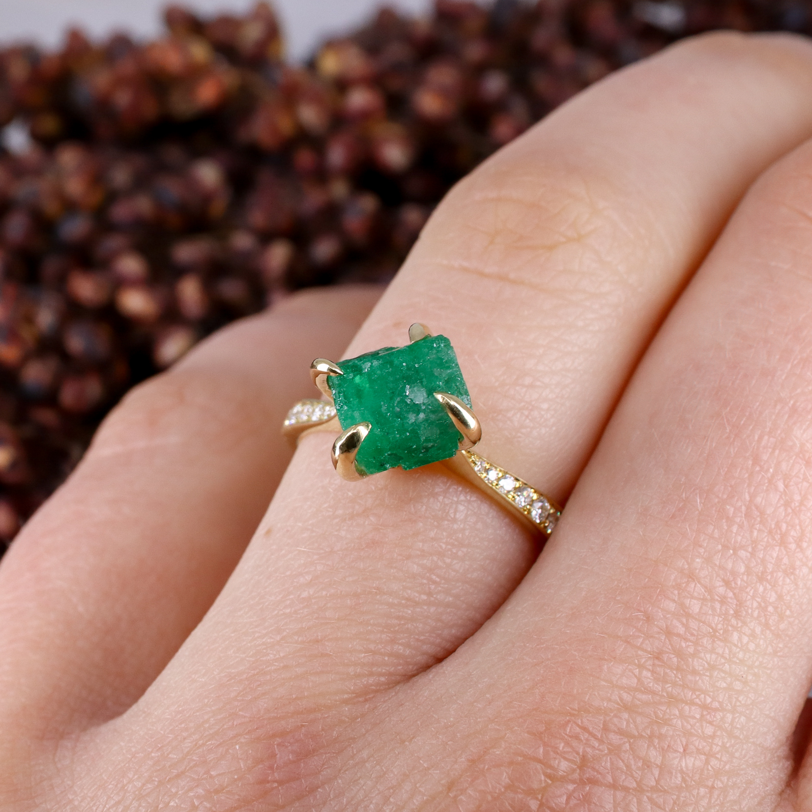 18ct yellow gold rough emerald ring with white diamond shoulders - Baroque Jewellery