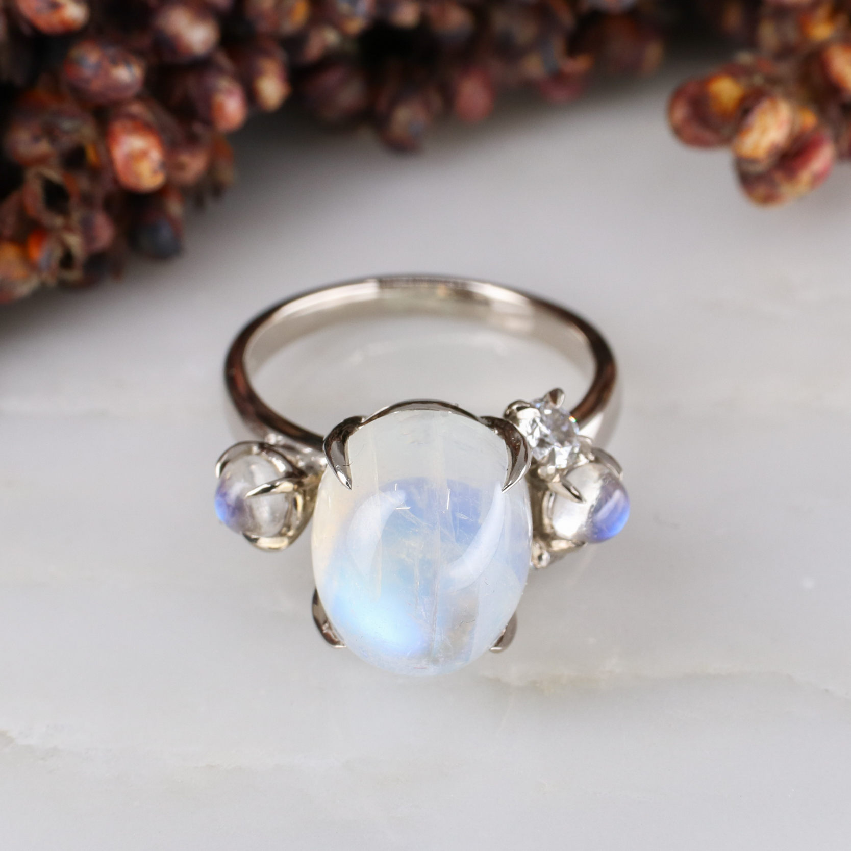 18ct white gold Moonstone and Diamond Bubble ring - Baroque Jewellery