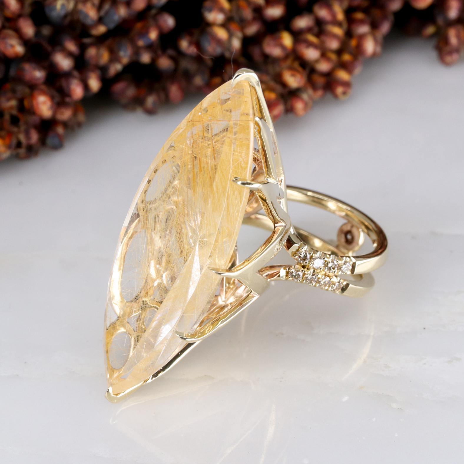 9ct yellow gold Marquise cut Rutilated Quartz and Champagne Diamond ...