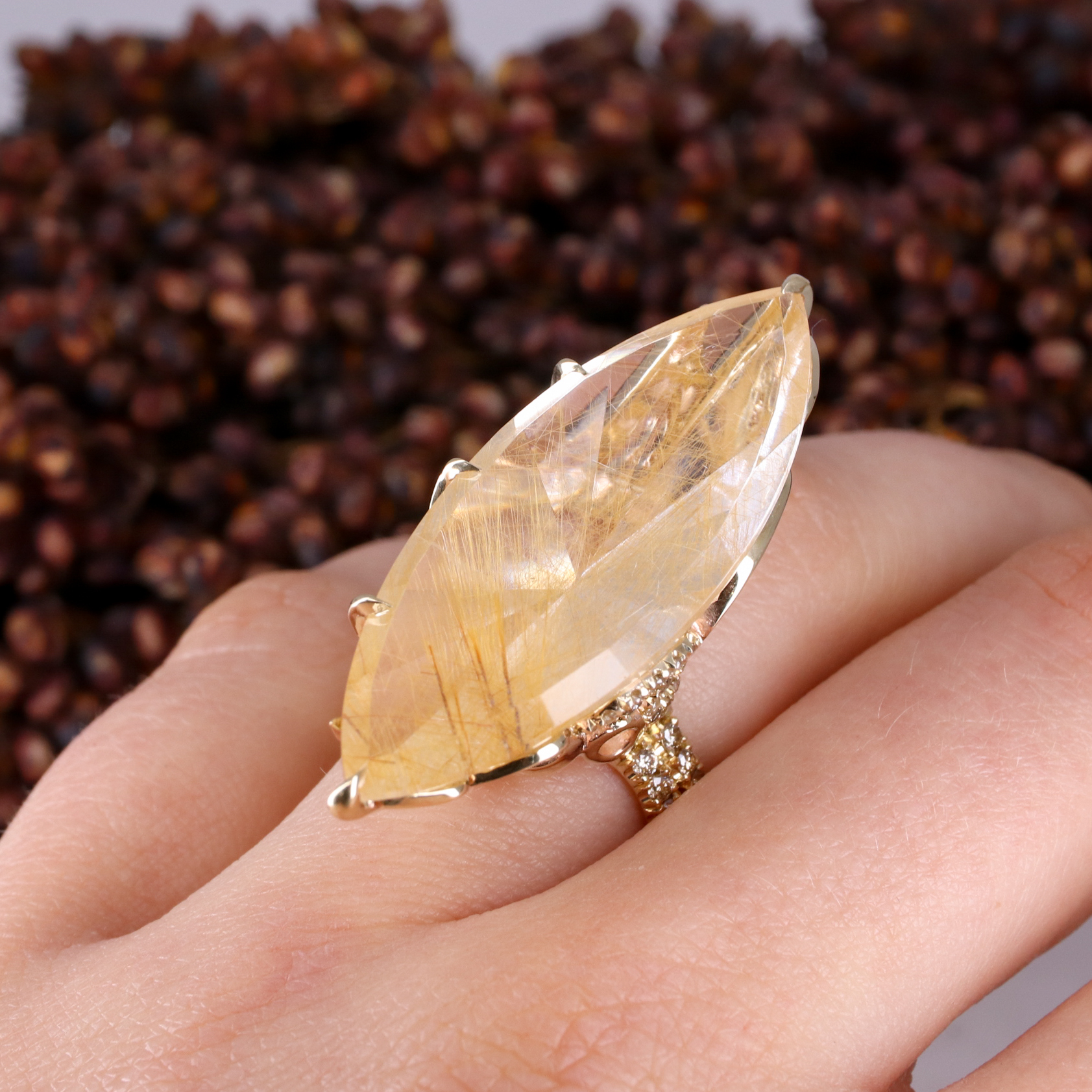 9ct yellow gold Marquise cut Rutilated Quartz and Champagne Diamond ...