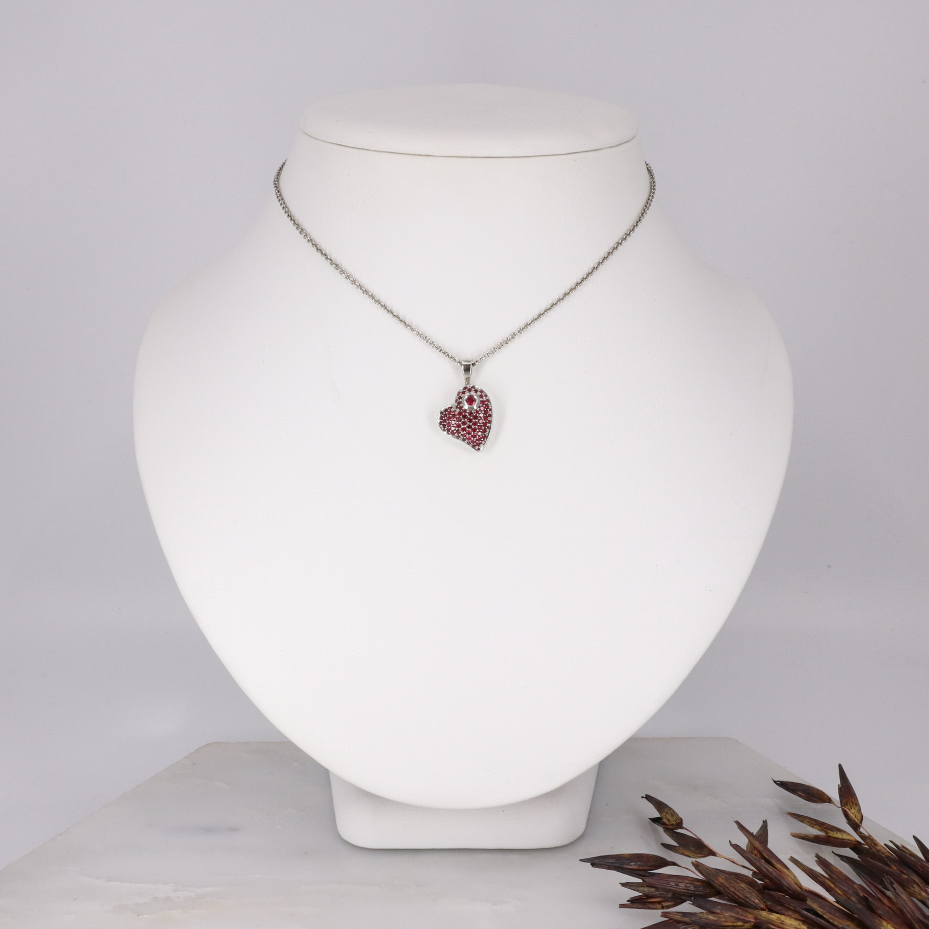 Platinum ruby pave-set heart pendant - Baroque Jewellery
