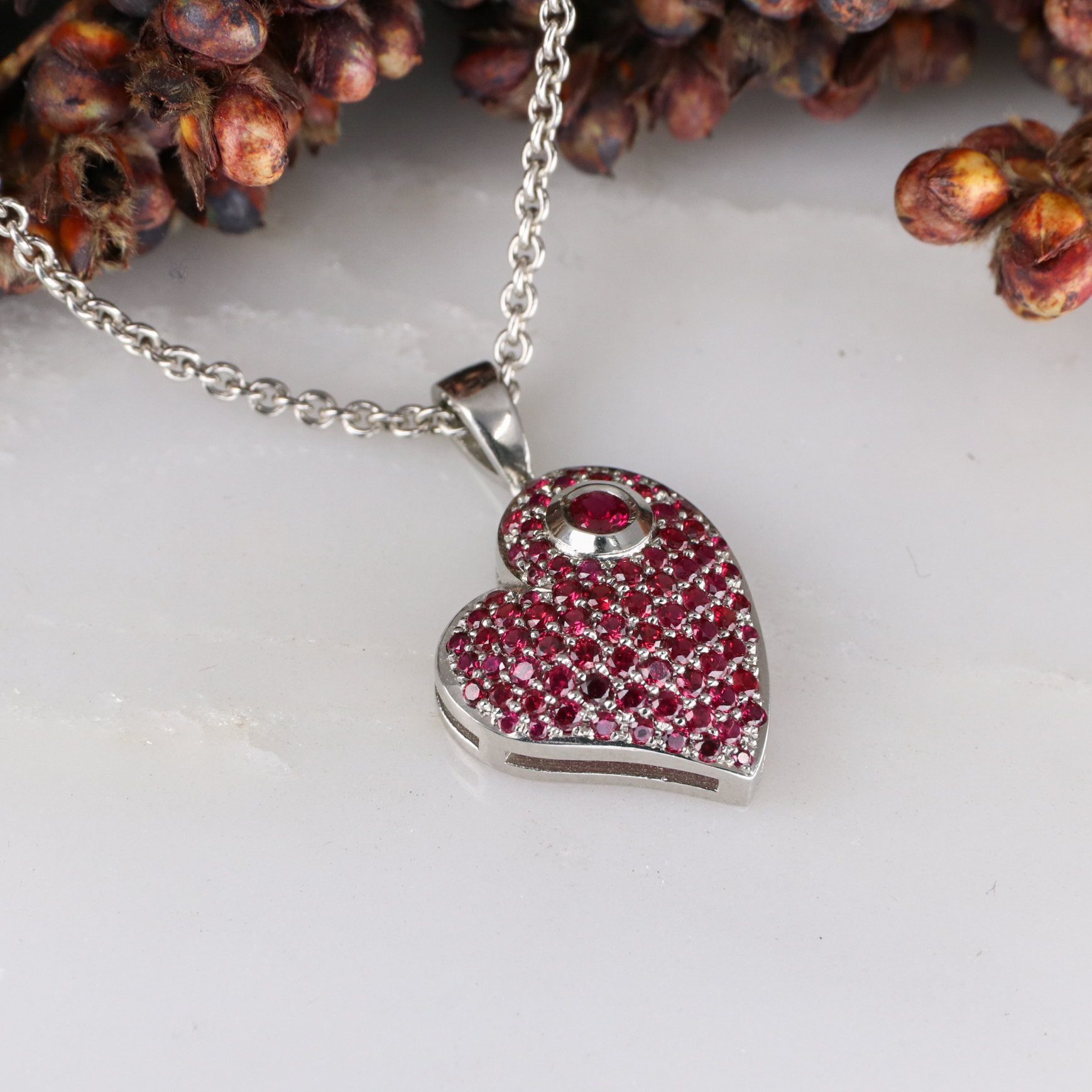Platinum ruby pave-set heart pendant - Baroque Jewellery