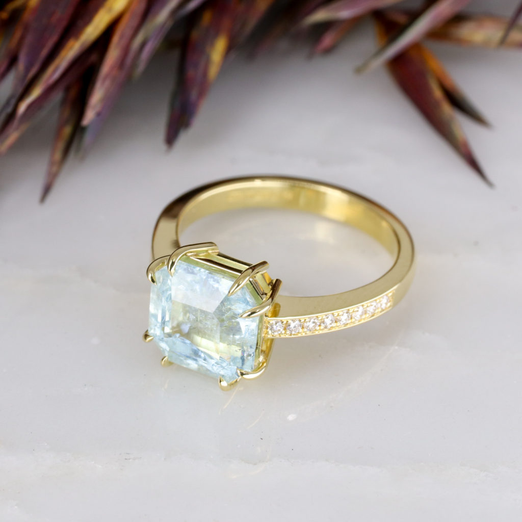 18ct yellow gold Aquamarine and white diamond ring - Baroque Jewellery