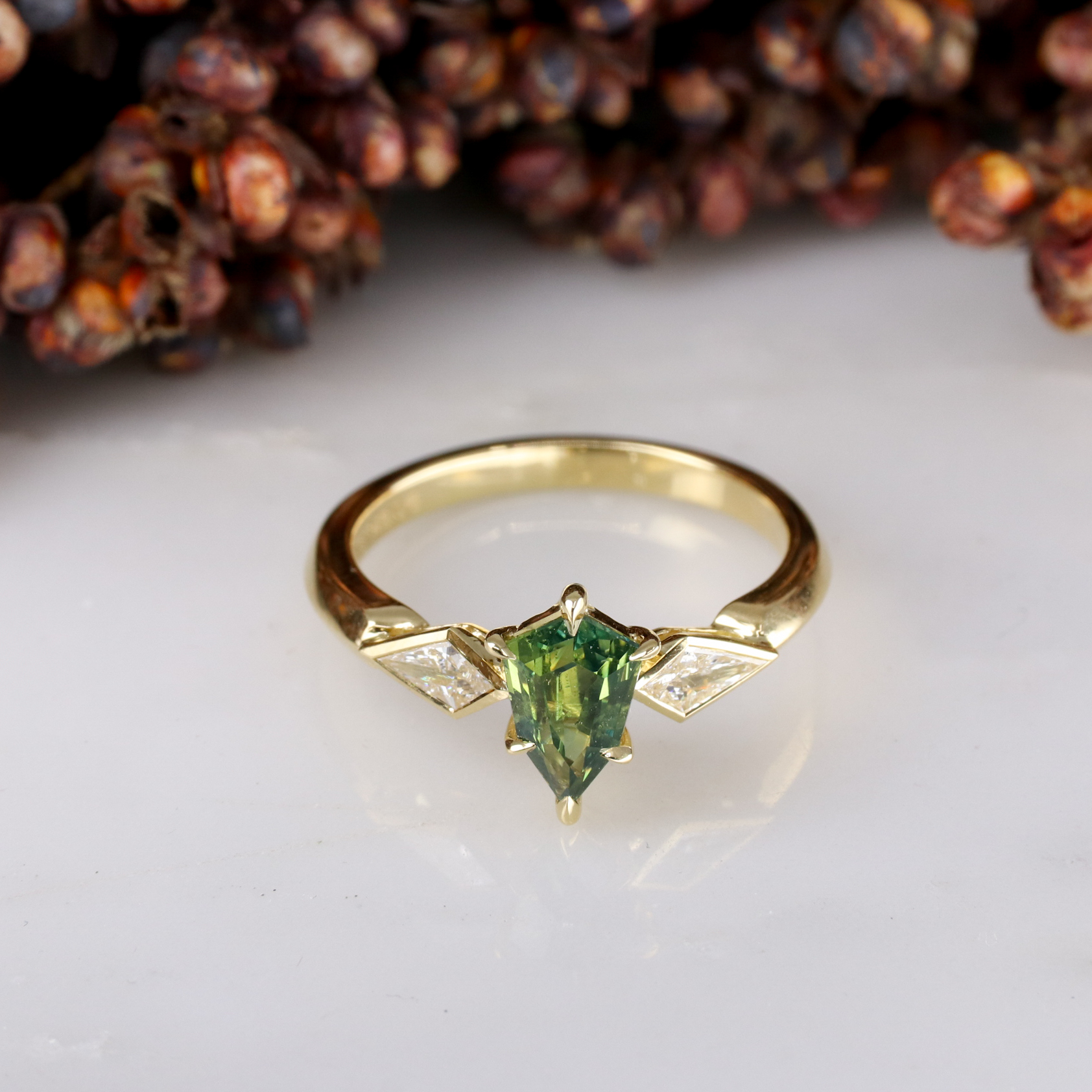 18ct yellow gold Art Deco Dragonfly engagement ring with green sapphire ...